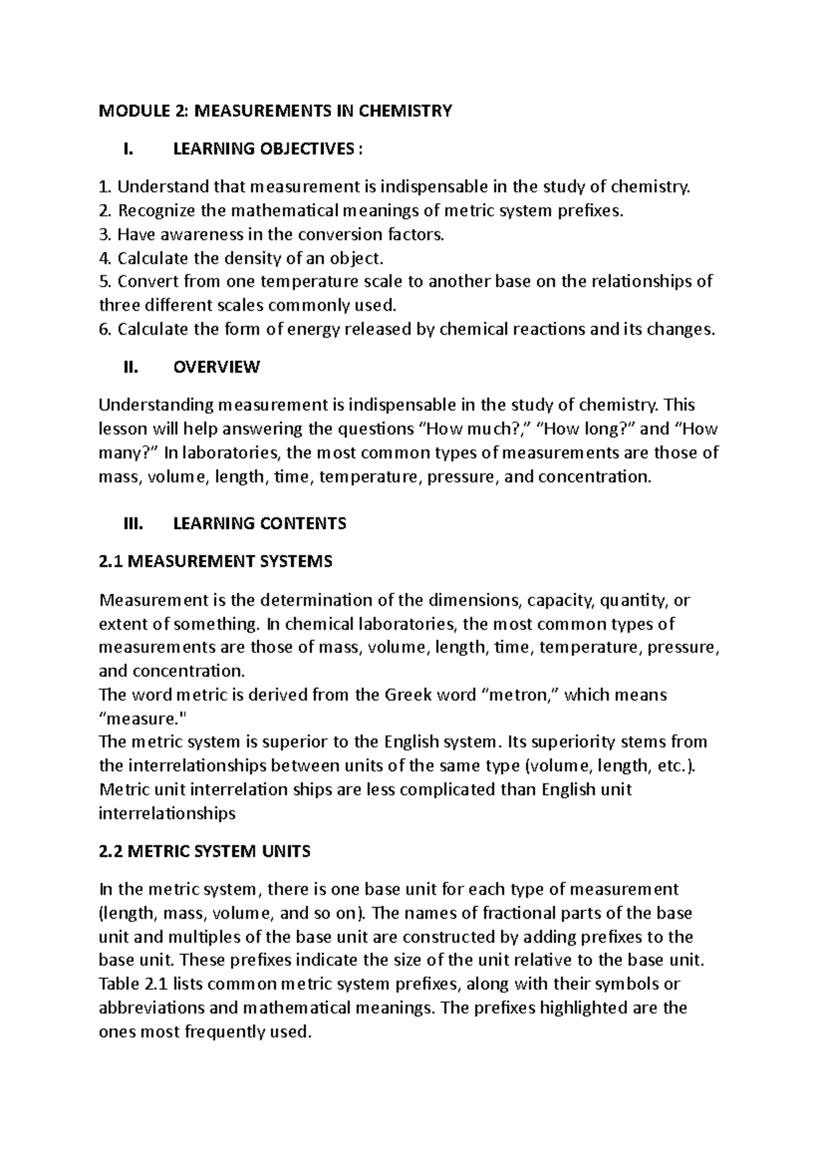 General Chemistry Chapter 7 Module 2 Notes - MODULE 2: MEASUREMENTS IN ...
