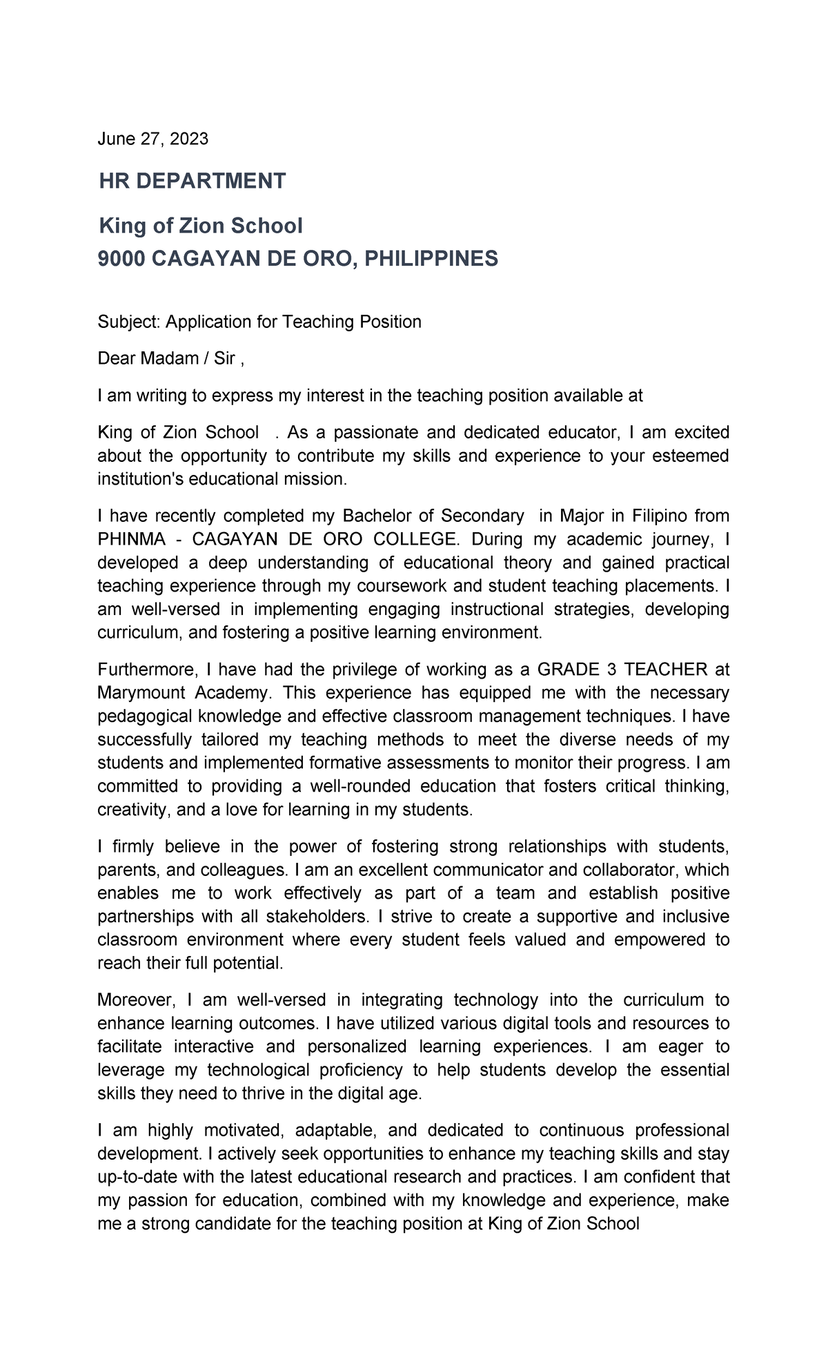 Application Letter FOR KING - June 27, 2023 HR DEPARTMENT King of Zion ...