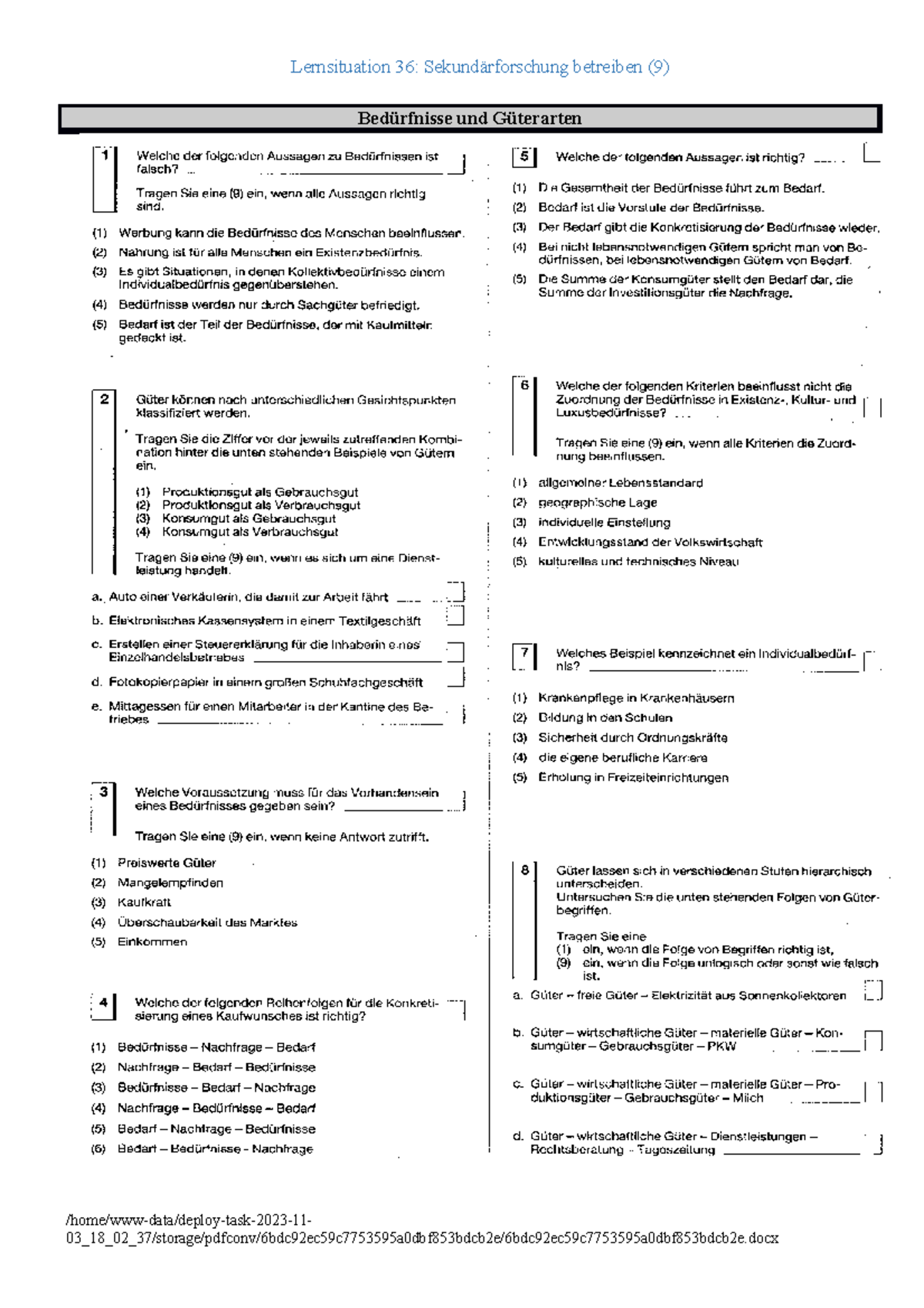 LF 5 Cornelsen LS 36 VWL IHK Aufgaben - Bedürfnisse und Güterarten ...