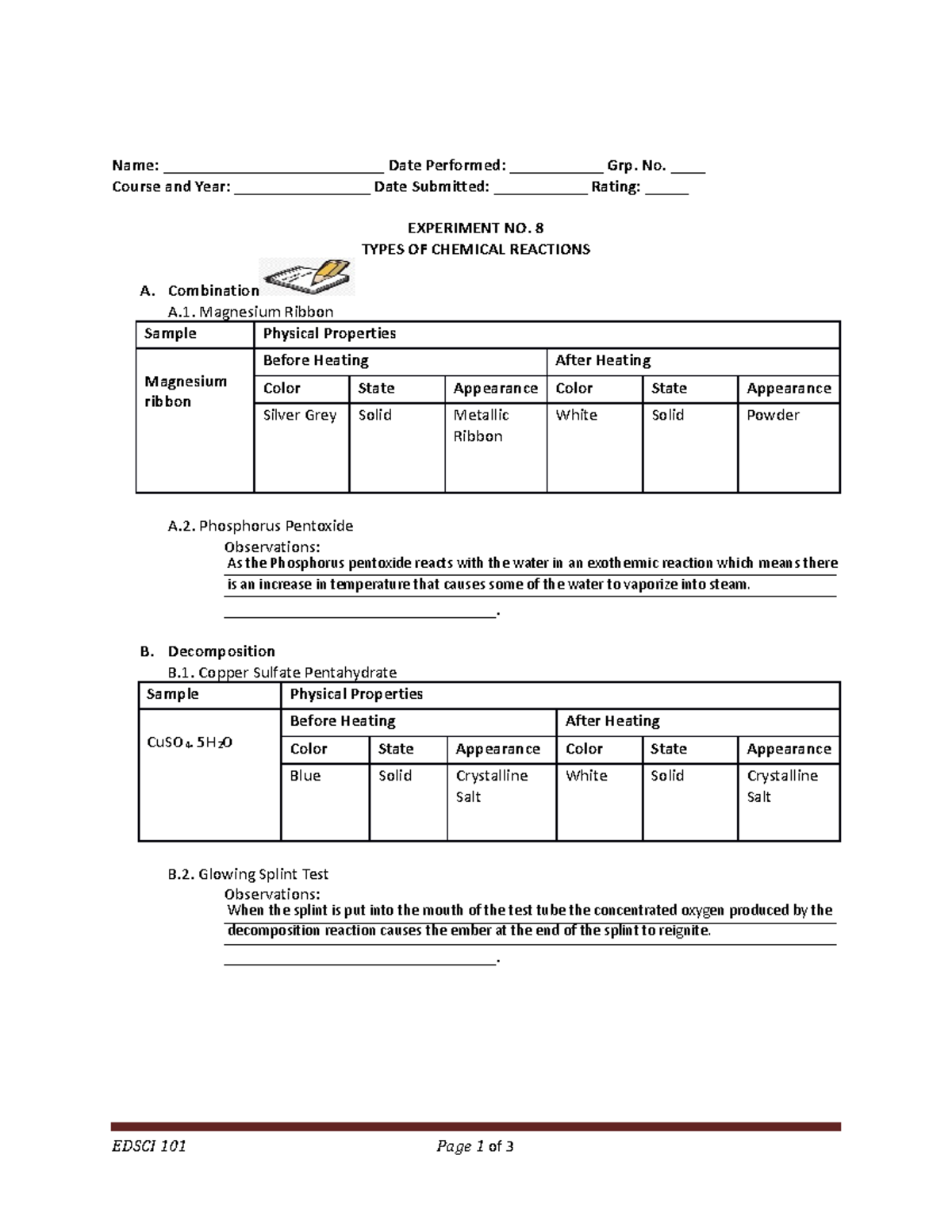 Edsci 101 - Experiment 8 - Name: __________________________ Date ...