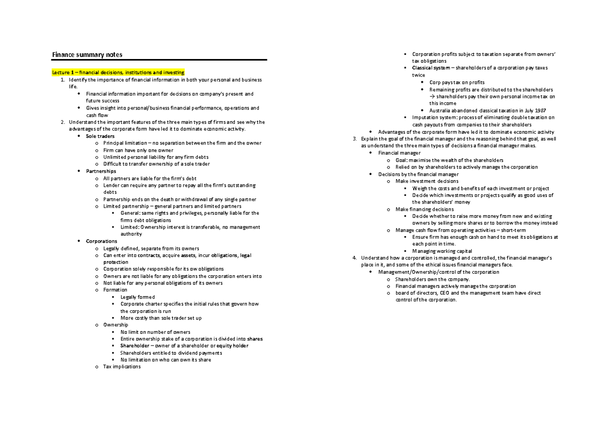 Finance Summary Notes Finance Summary Notes Lecture 1 Financial finance-summary-notes-finance-summary-notes-lecture-1-financial