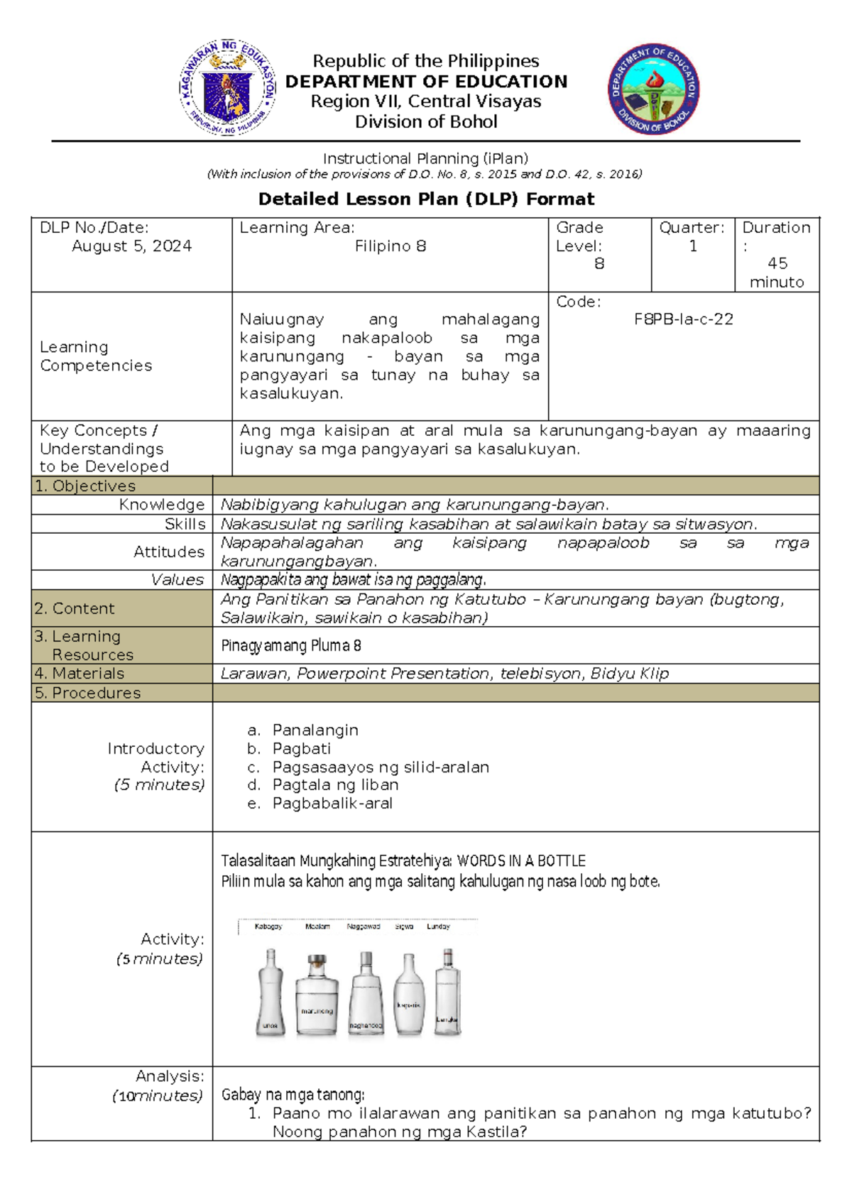 Q1 w1 esp8 lp1 - N/A - Republic of the Philippines DEPARTMENT OF ...