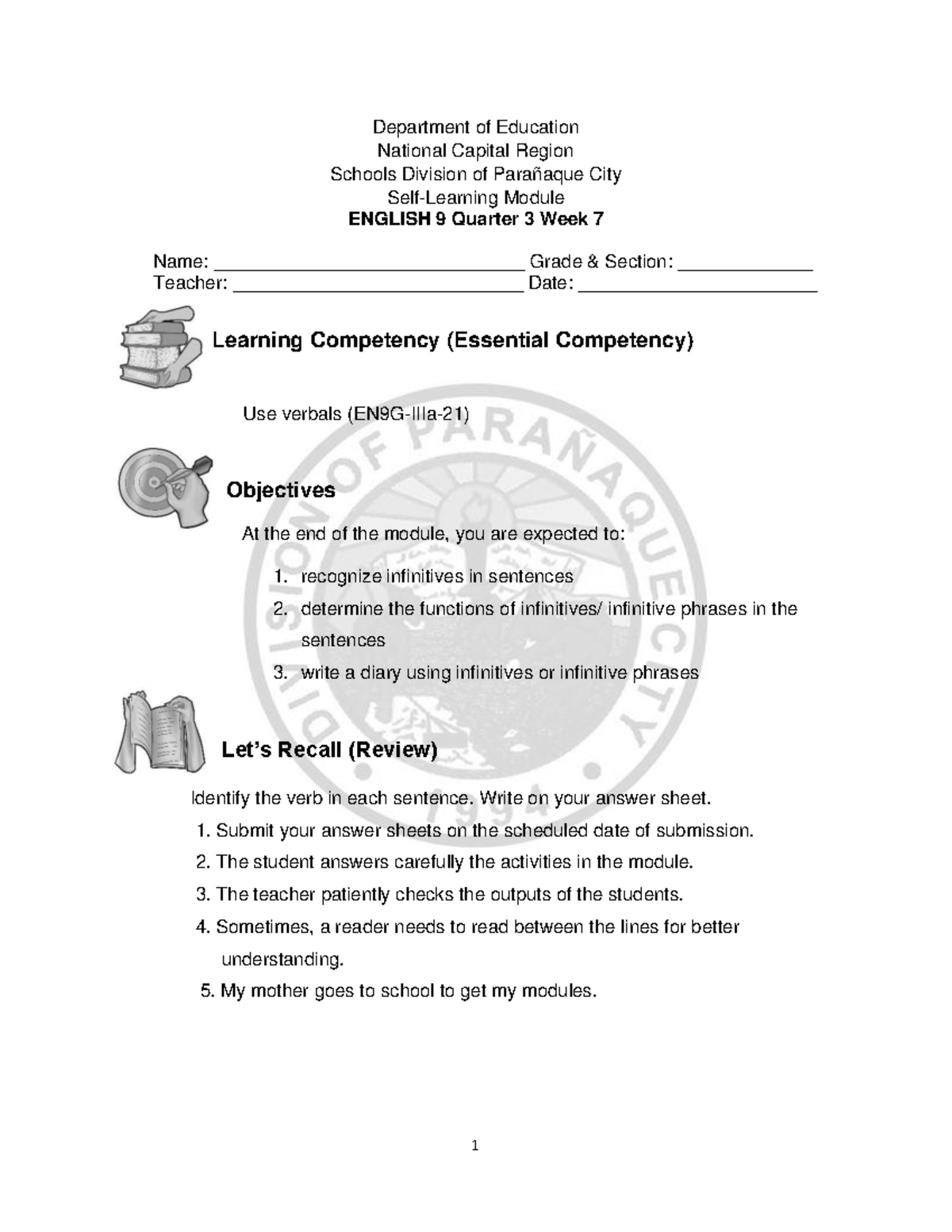 Verbals 2 - Class notes - Department of Education National Capital ...