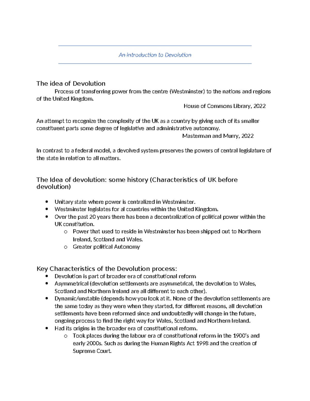 An introduction to Devolution - House of Commons Library, 2022 An attempt to recognize the - Studocu