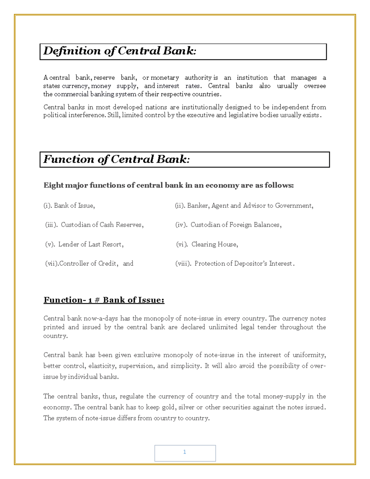 CCO175 - Economics Note - Definition of Central Bank: A central bank ...