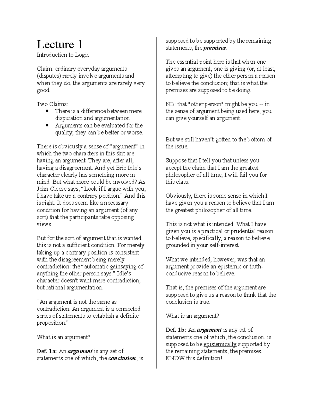 Philosophy Module 1 - Lecture 1 Introduction to Logic Claim: ordinary ...