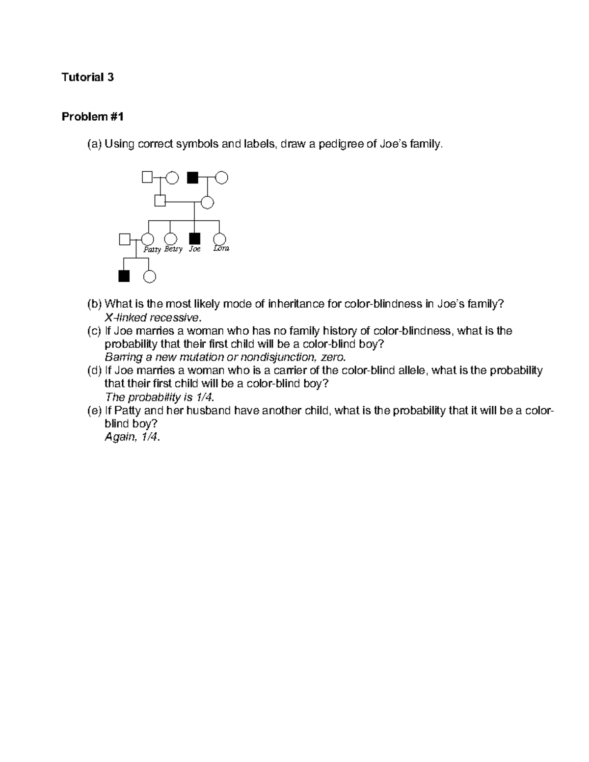 Tutorial 3 answers - Tutorial 3 Problem # (a) Using correct symbols and labels, draw a pedigree ...