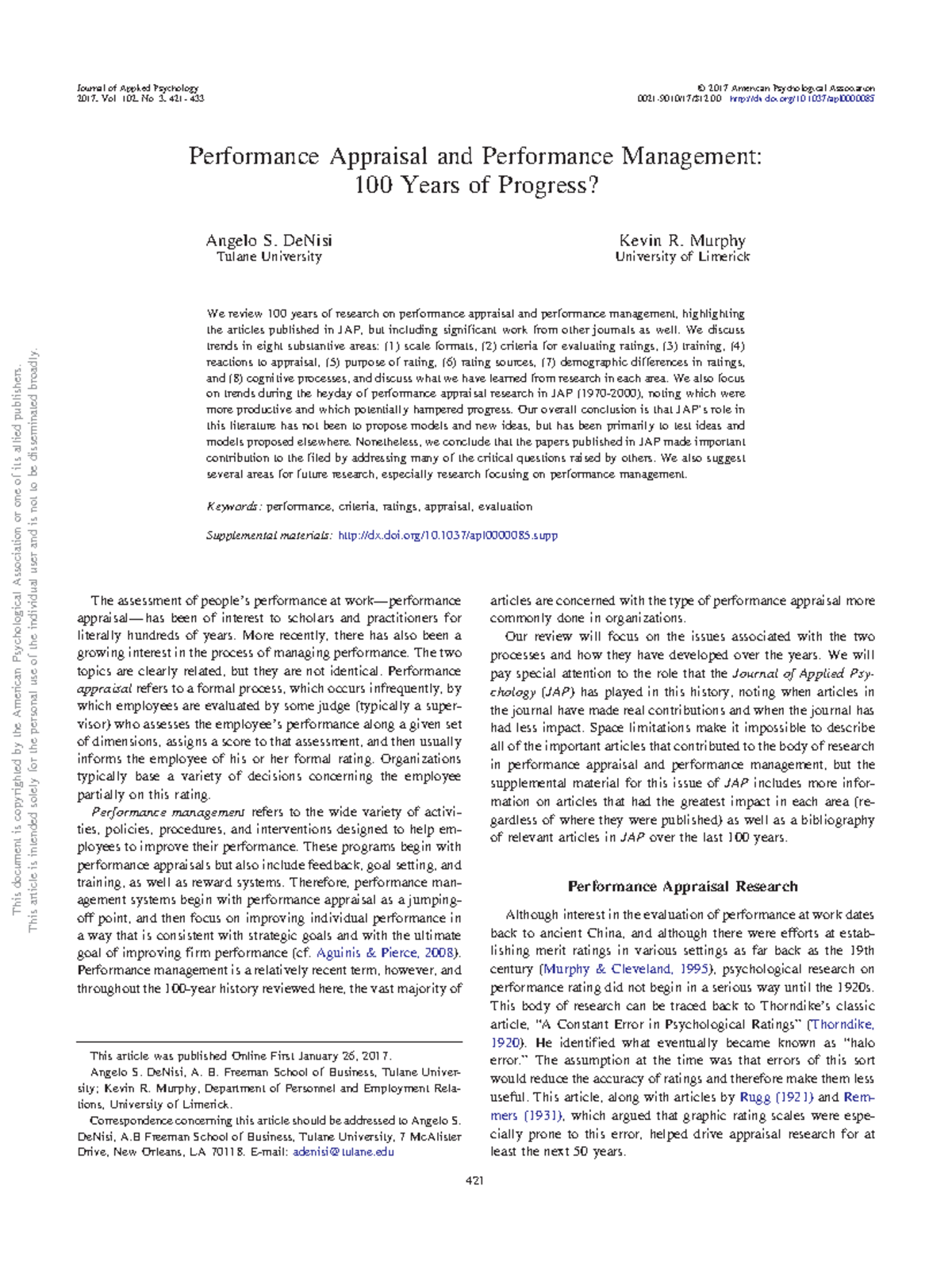 Denisi Murphy 2017 . Performance Appraisal and Performance Management ...