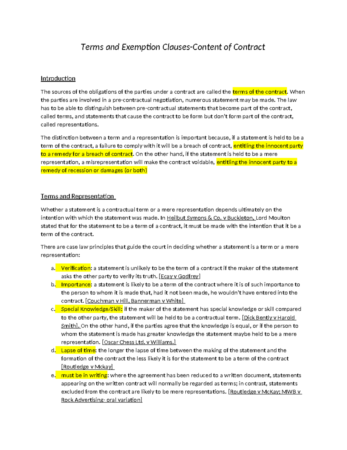 Terms and Exemption Clauses - Terms and Exemption Clauses-Content of ...