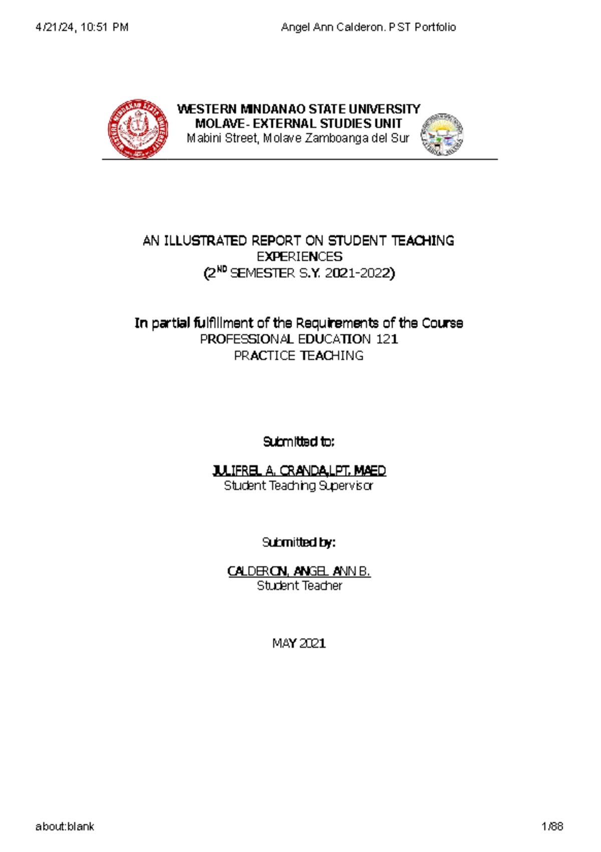 Angel Ann Calderon. PST Portfolio - WESTERN MINDANAO STATE UNIVERSITY ...
