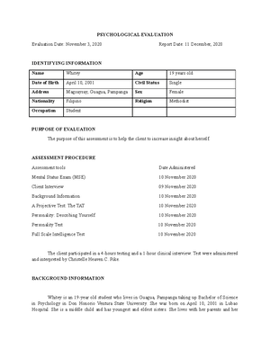 Psy report - psychological assessment - REPORT OF PSYCHOLOGICAL ...