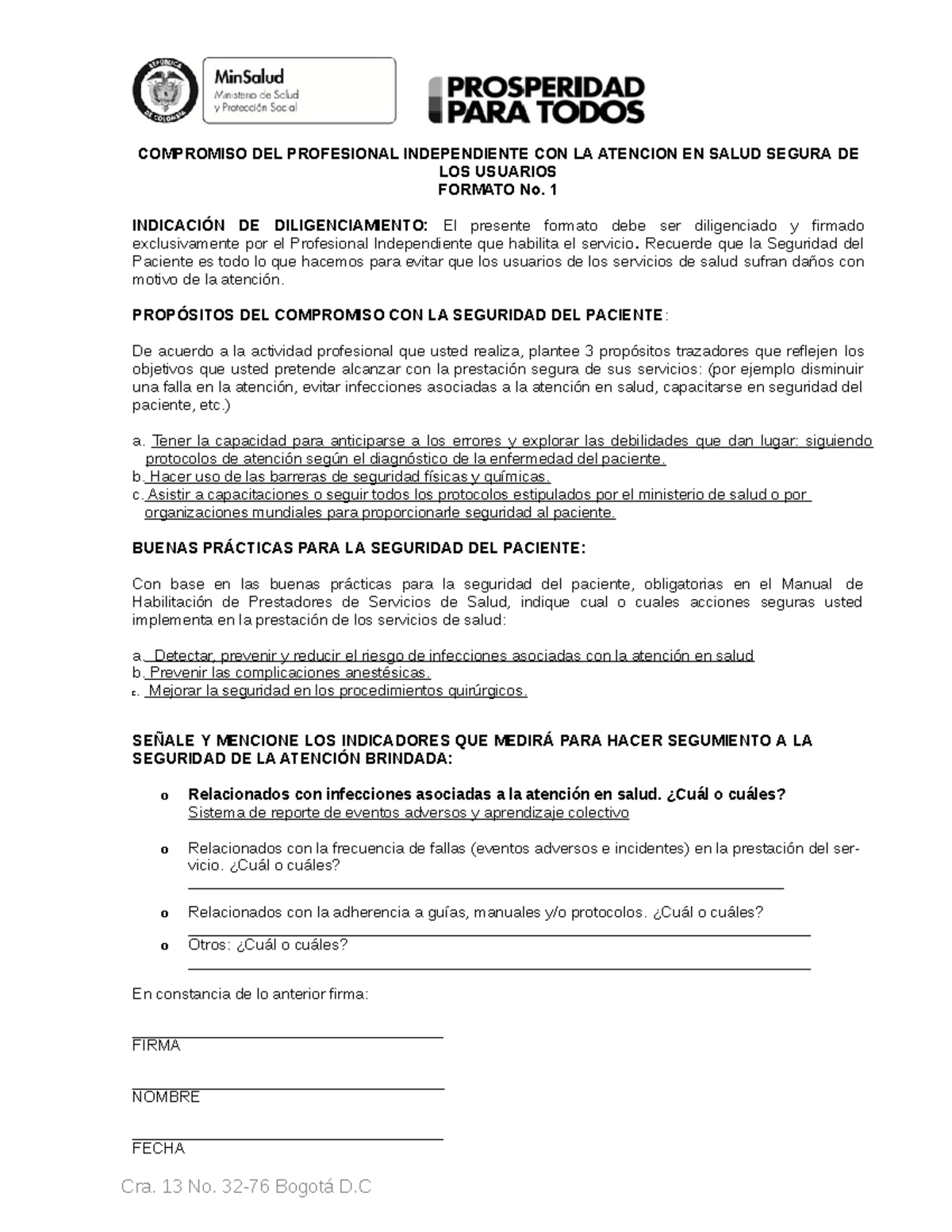 Formato 1. Declaracion DEL Compromiso CON LA Seguridad DEL Paciente ...