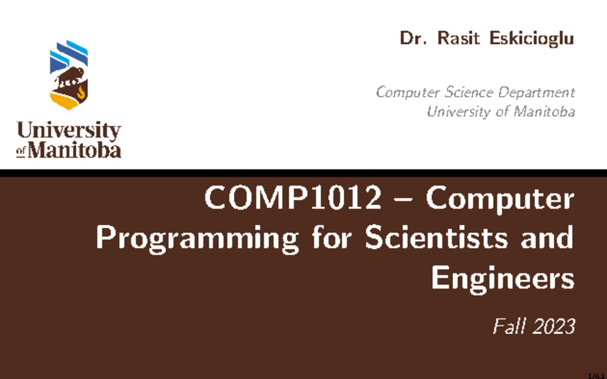Week01 Lecture Notes Comp — Dr Eskicioglu Dr Rasit Eskicioglu Computer Science Department