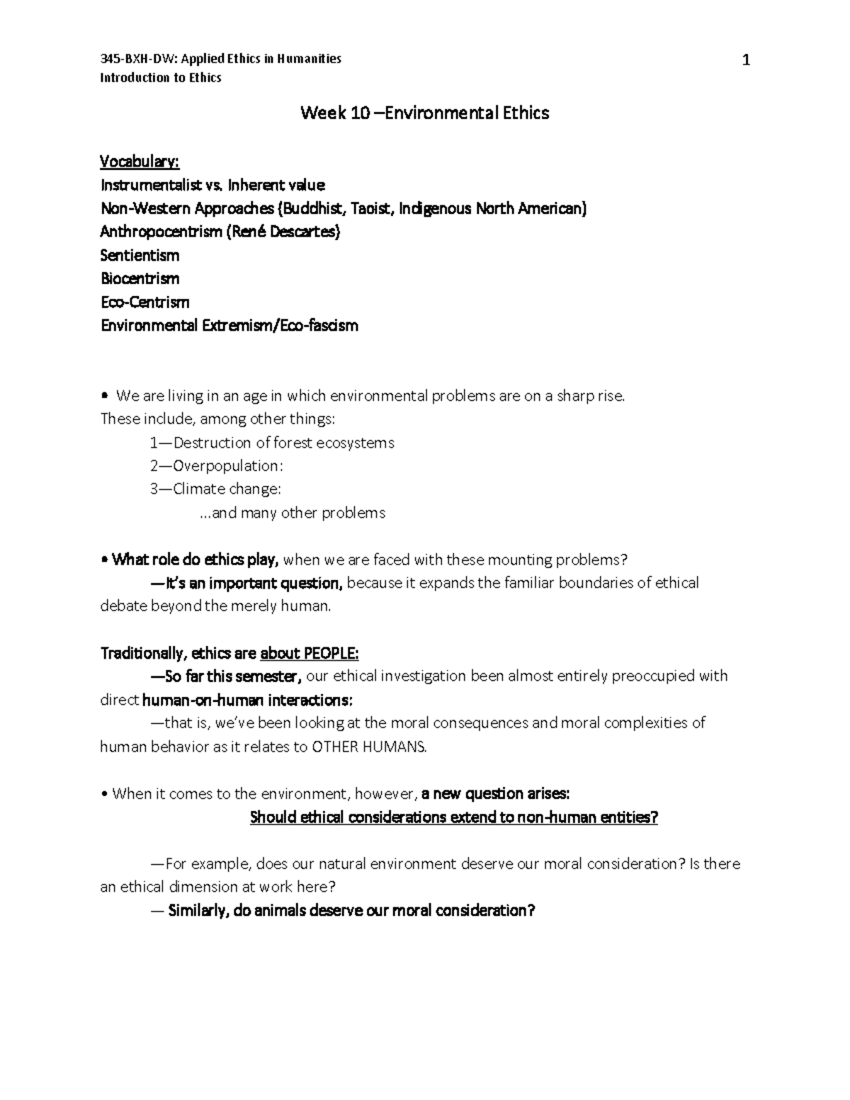 Environmental Ethics Notes - Introduction to Ethics 1 Week 10 ...