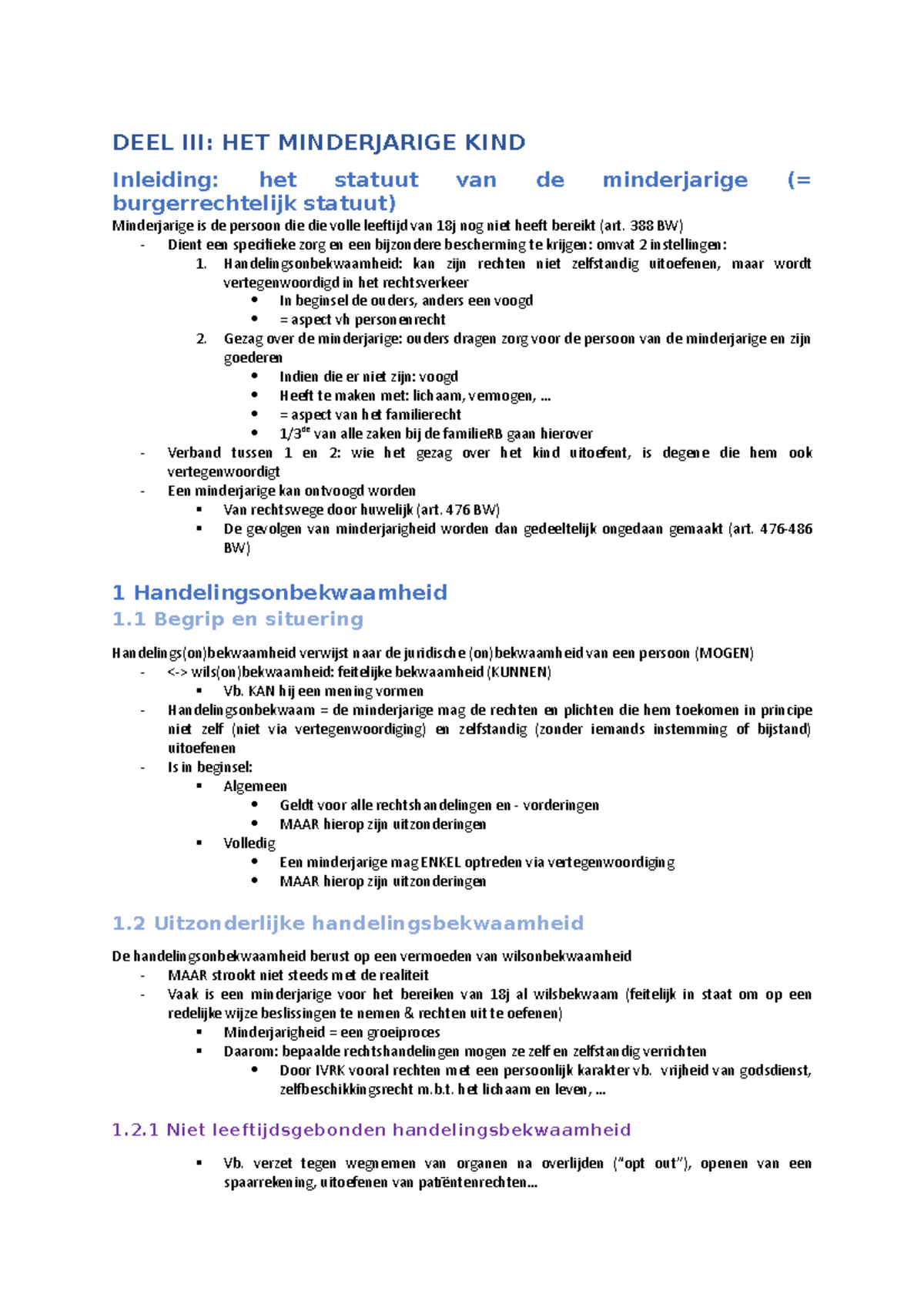 Het minderjarig kind samenvatting - DEEL III: HET MINDERJARIGE KIND ...