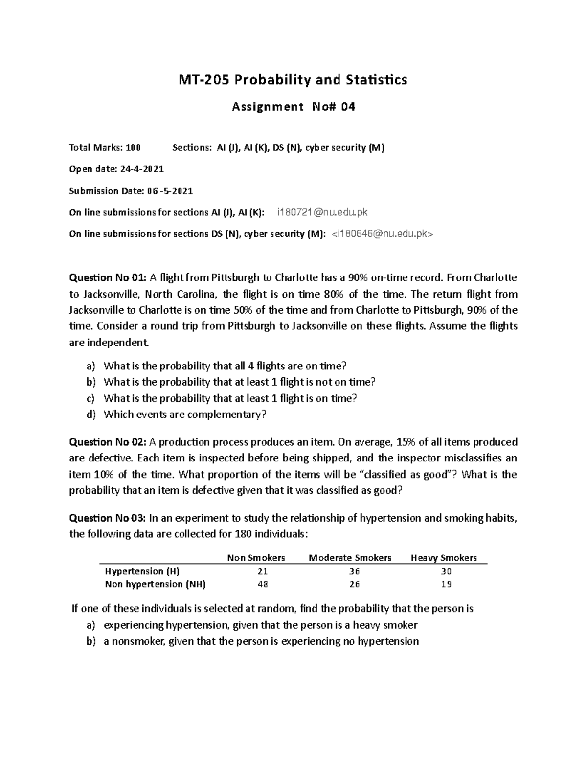 Assignment 04 word - Practice Question - MT-205 Probability and ...