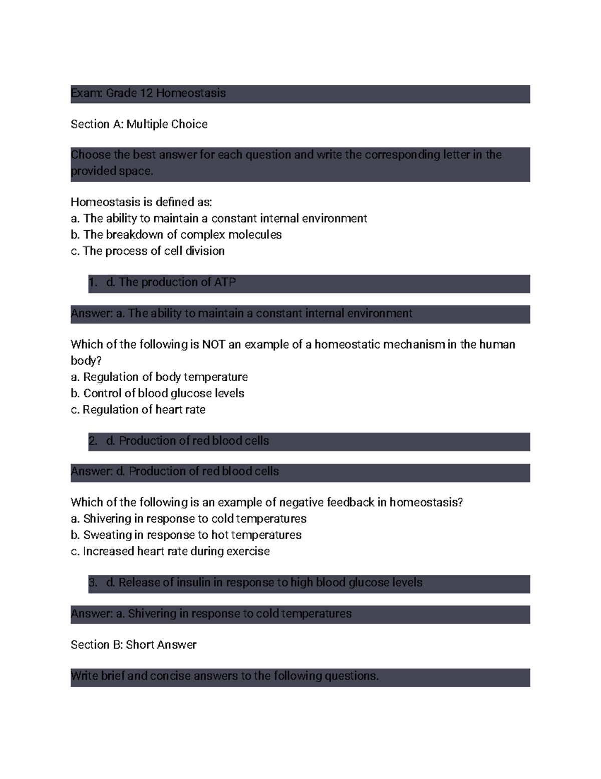 Exam Grade 12 Homeostasis Quiz Practice - Exam: Grade 12 Homeostasis ...