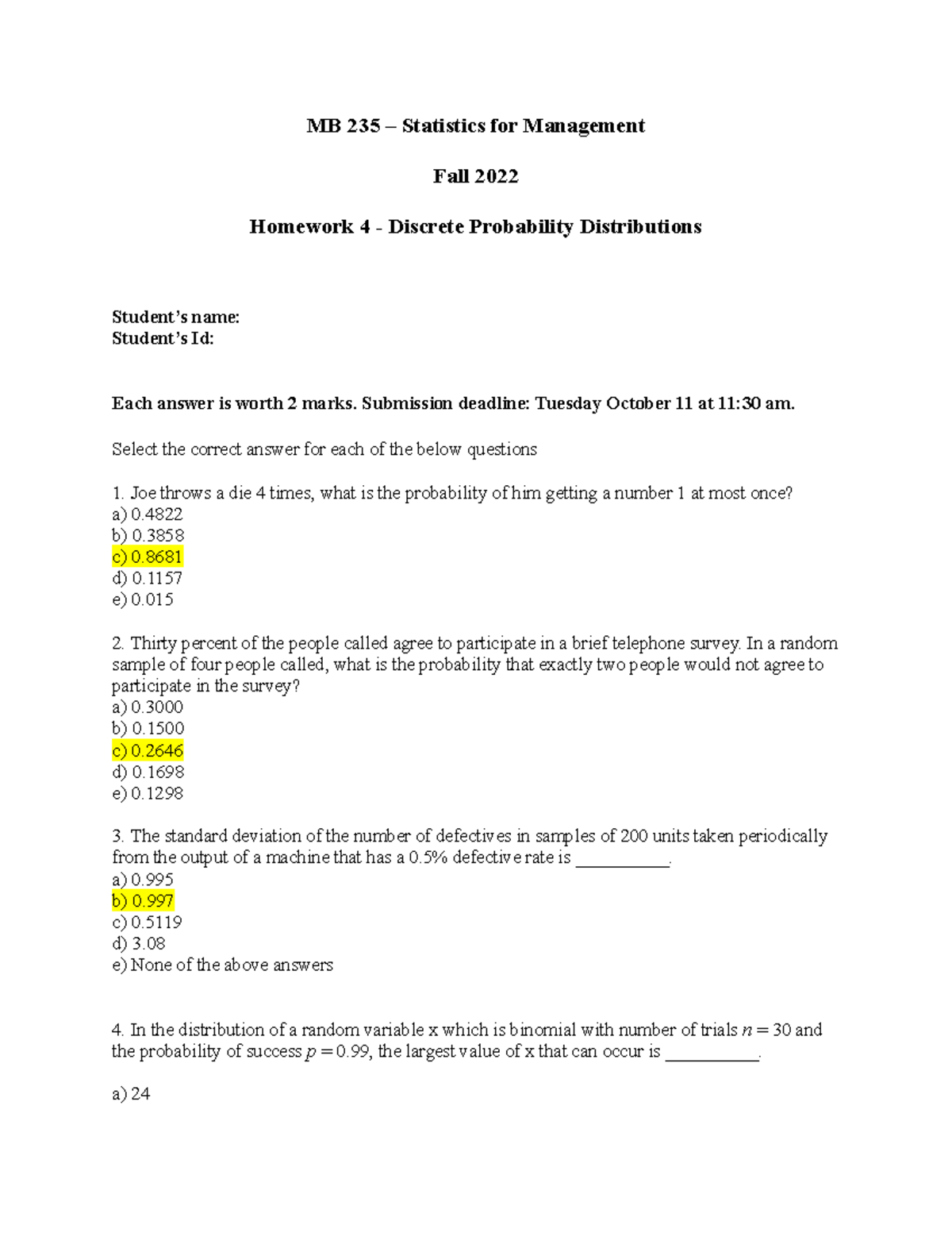 MB 235 Homework 4 - MB 235 – Statistics for Management Fall 2022 ...