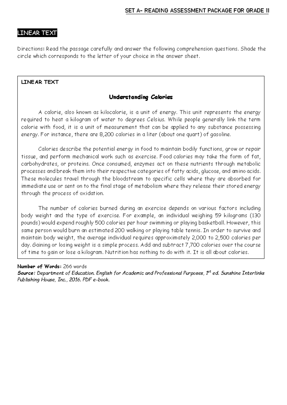 G11-Reading-Pre-Assessment-Set-A - LINEAR TEXT Directions: Read the ...