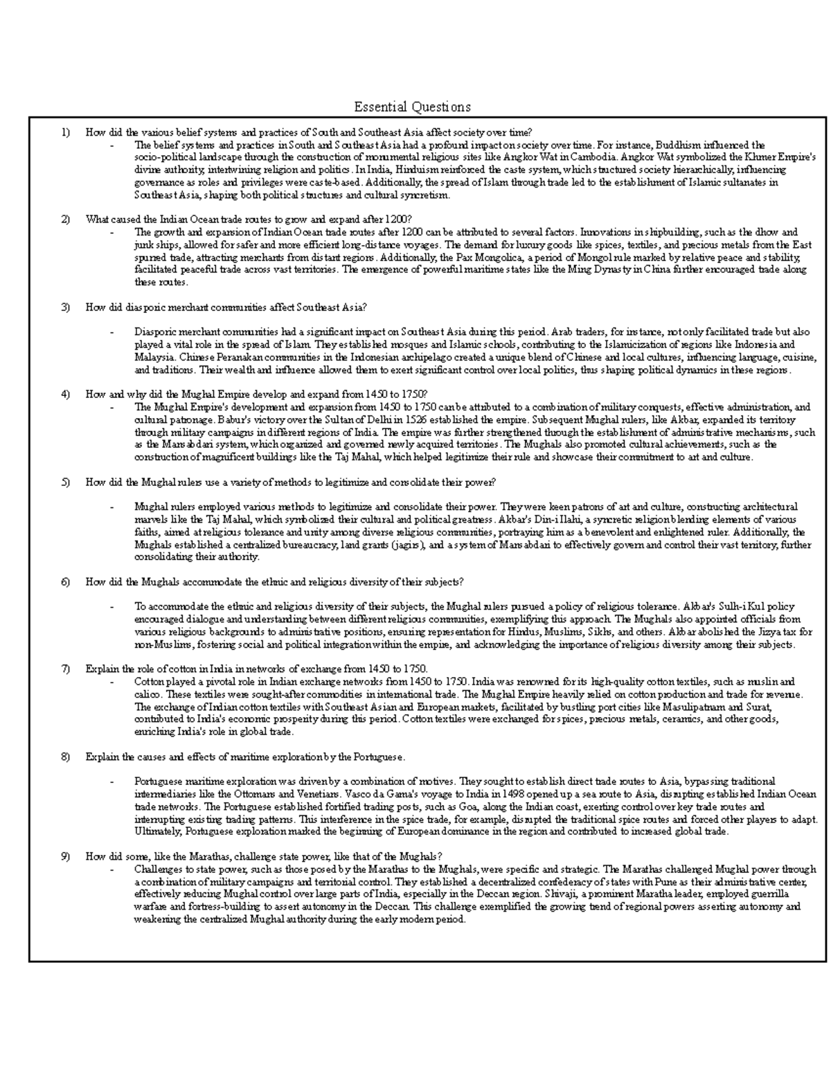 Copy of Unit C Study Guide - Essential Questions How did the various ...