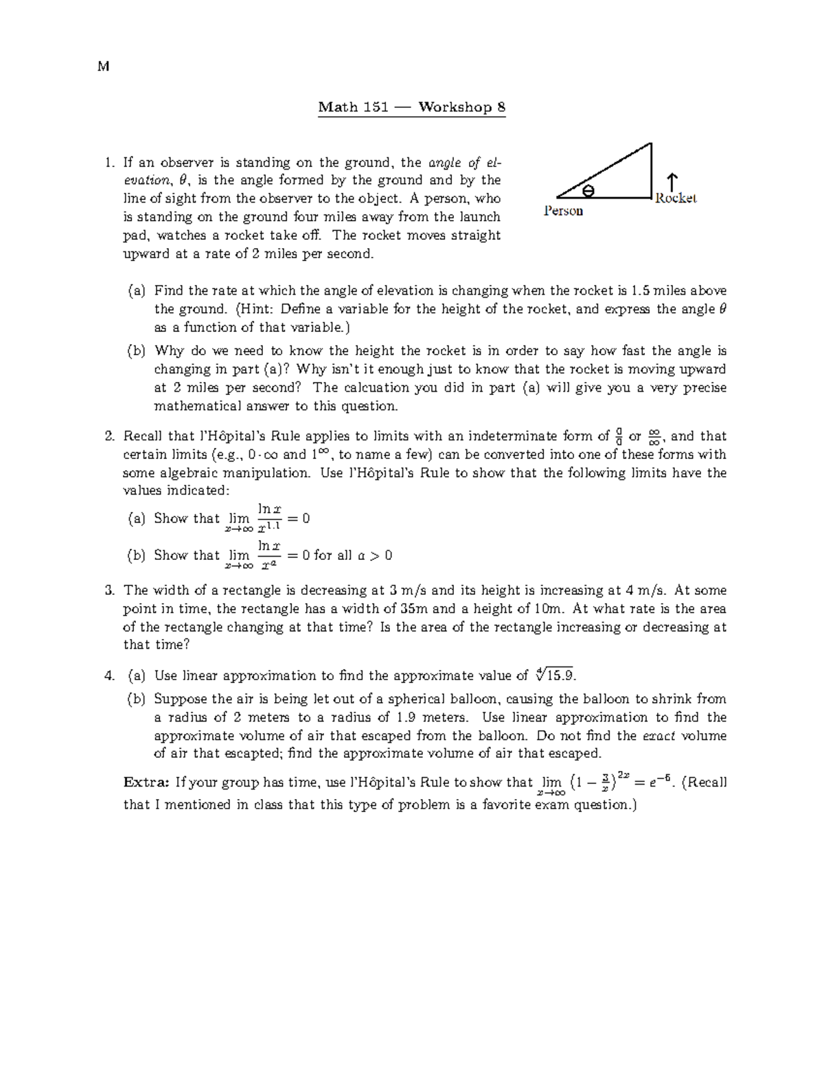 Math 151 Workshop 08 (M) - M Math 151 — Workshop 8 If an observer is ...