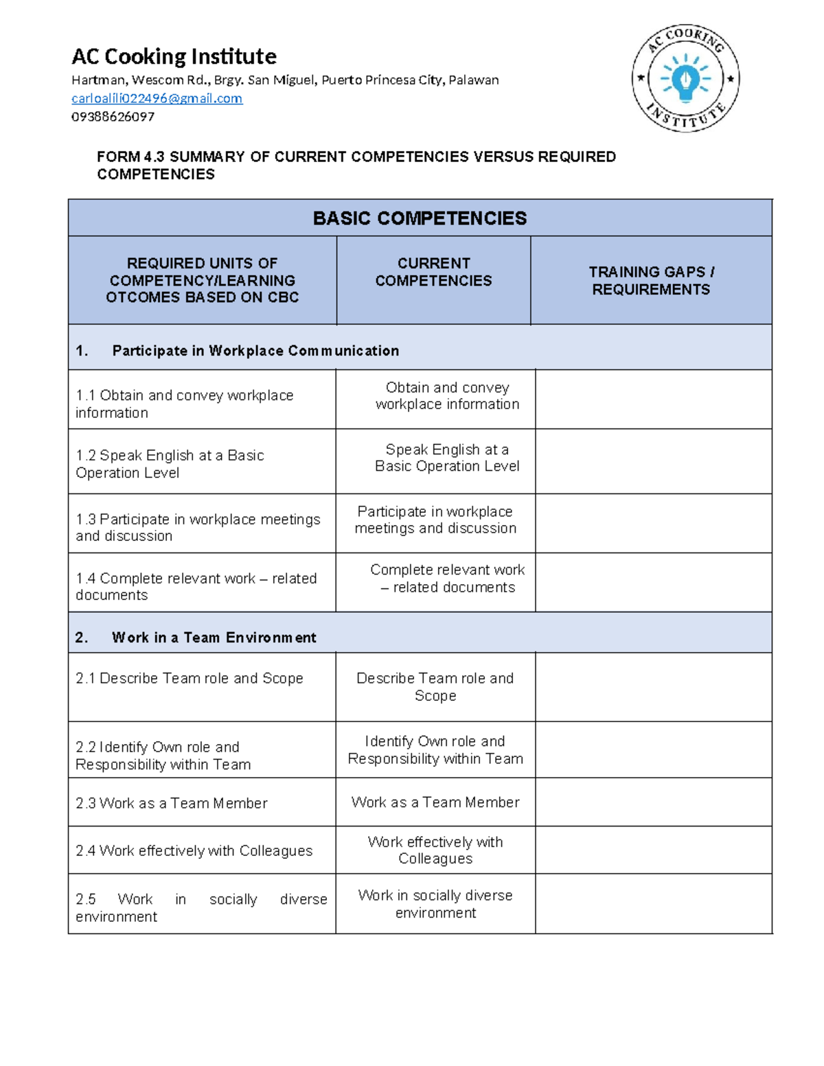 FORM 4.3 Summary OF Current Competencies Versus Required Competencies ...