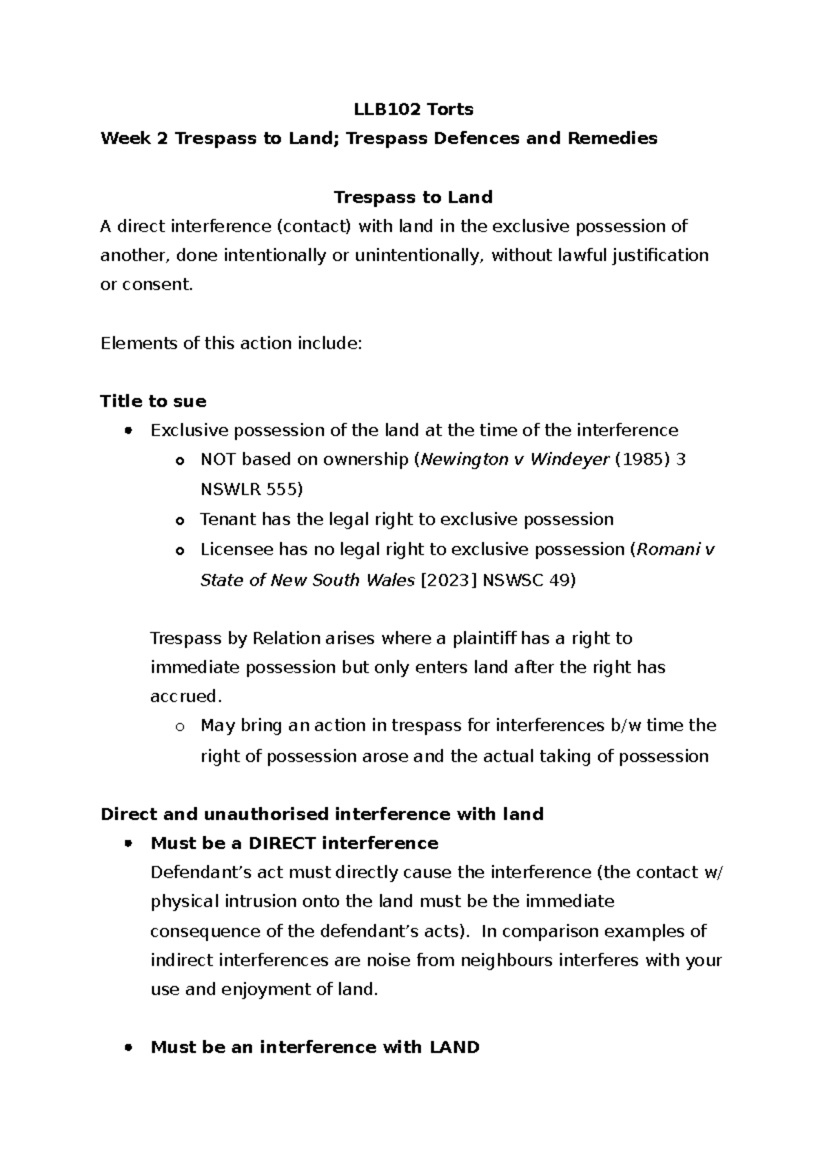 Ll102 Week 2 Lecutre Notes Llb102 Torts Week 2 Trespass To Land Trespass Defences And