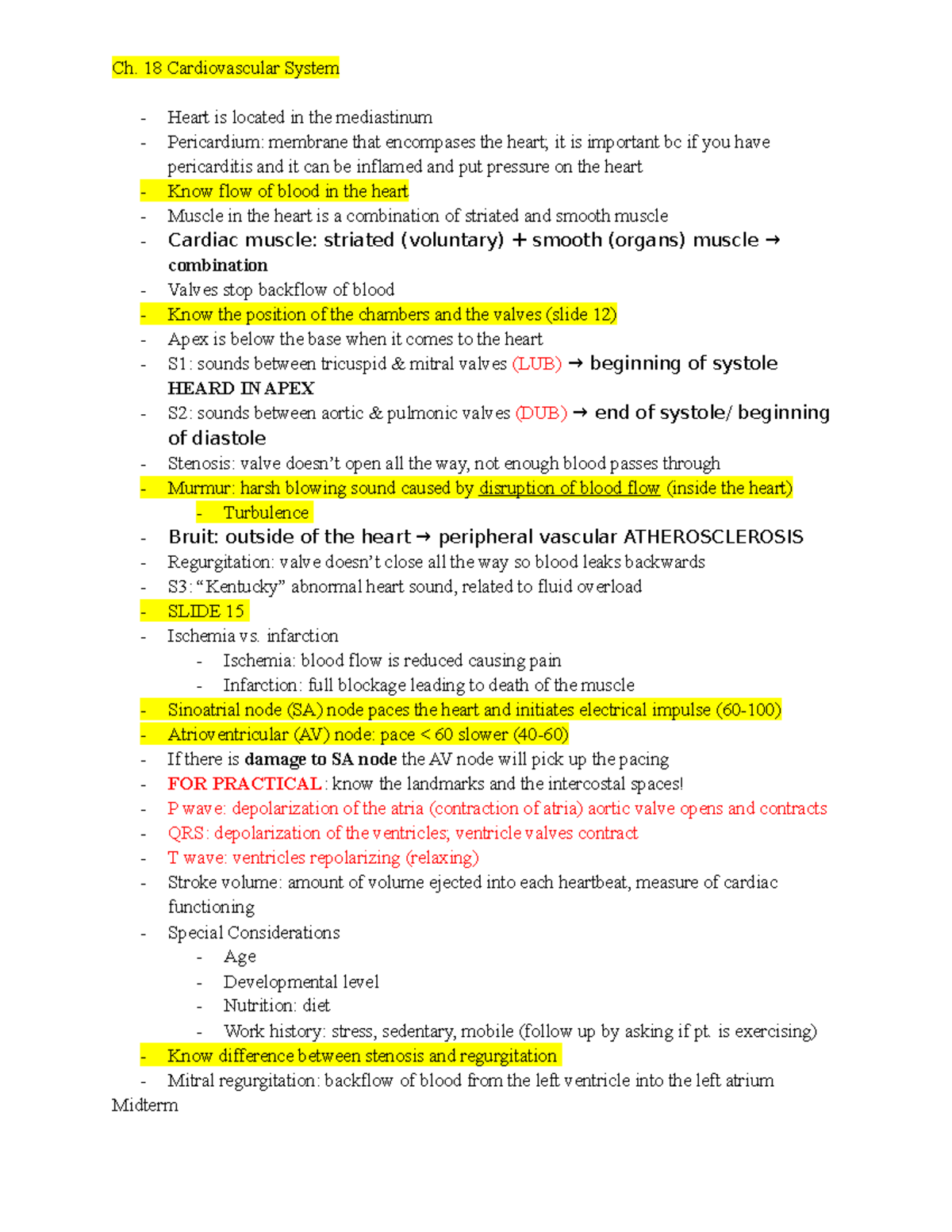 NURS 190 Week 4 Lecture - Ch. 18 Cardiovascular System Heart is located ...