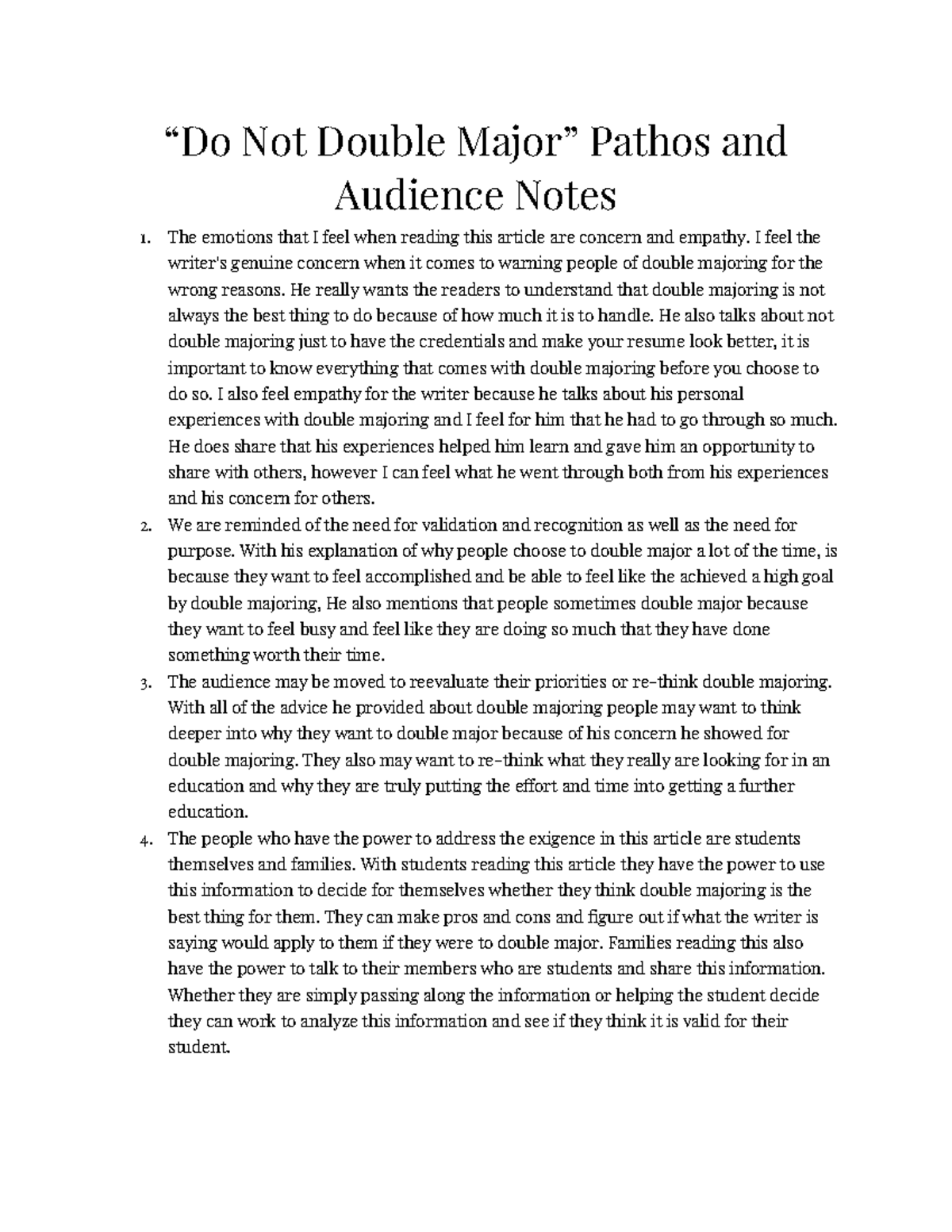 “Do Not Double Major” Pathos and Audience Notes - The emotions that I ...