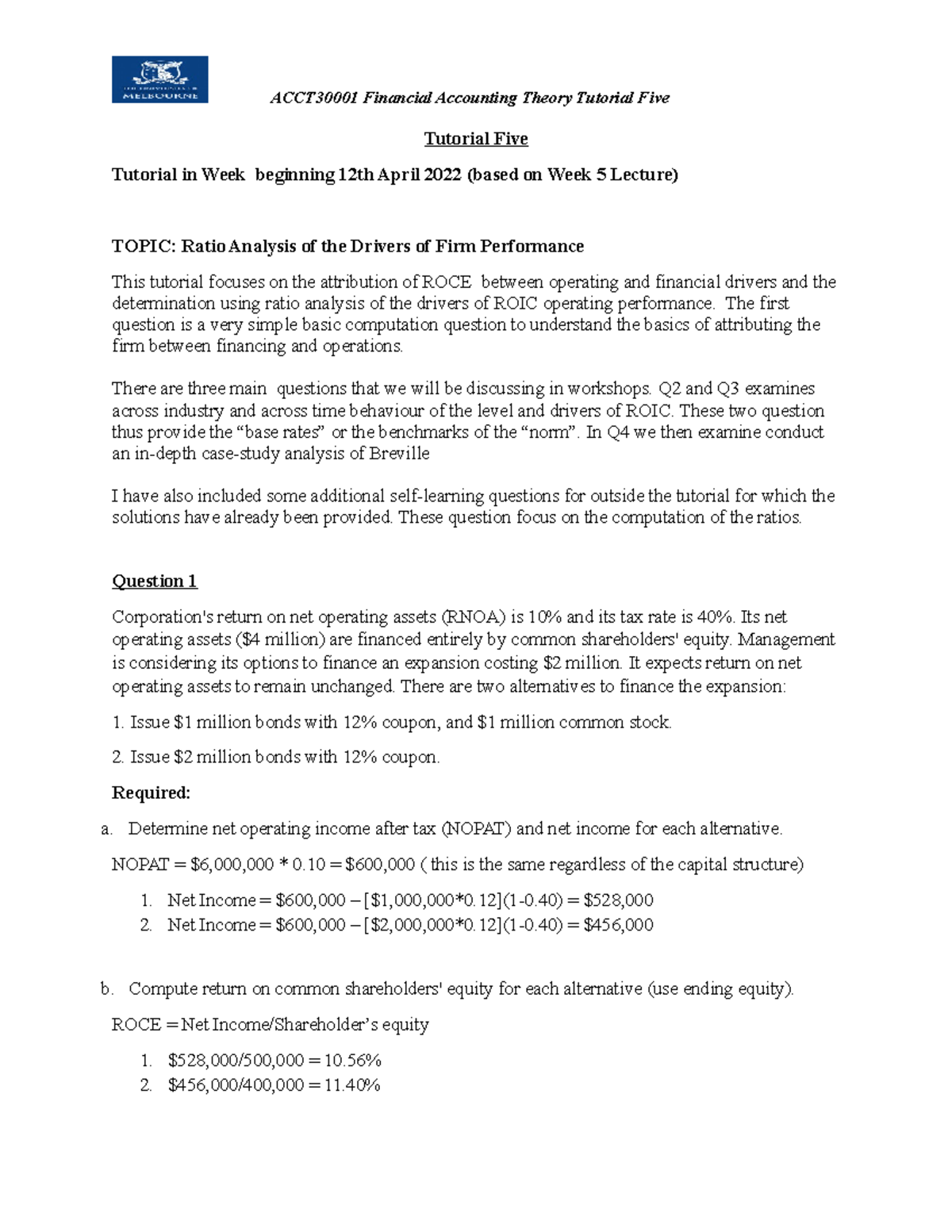 Tutorial Five Solutions-2 - Tutorial Five Tutorial in Week beginning ...