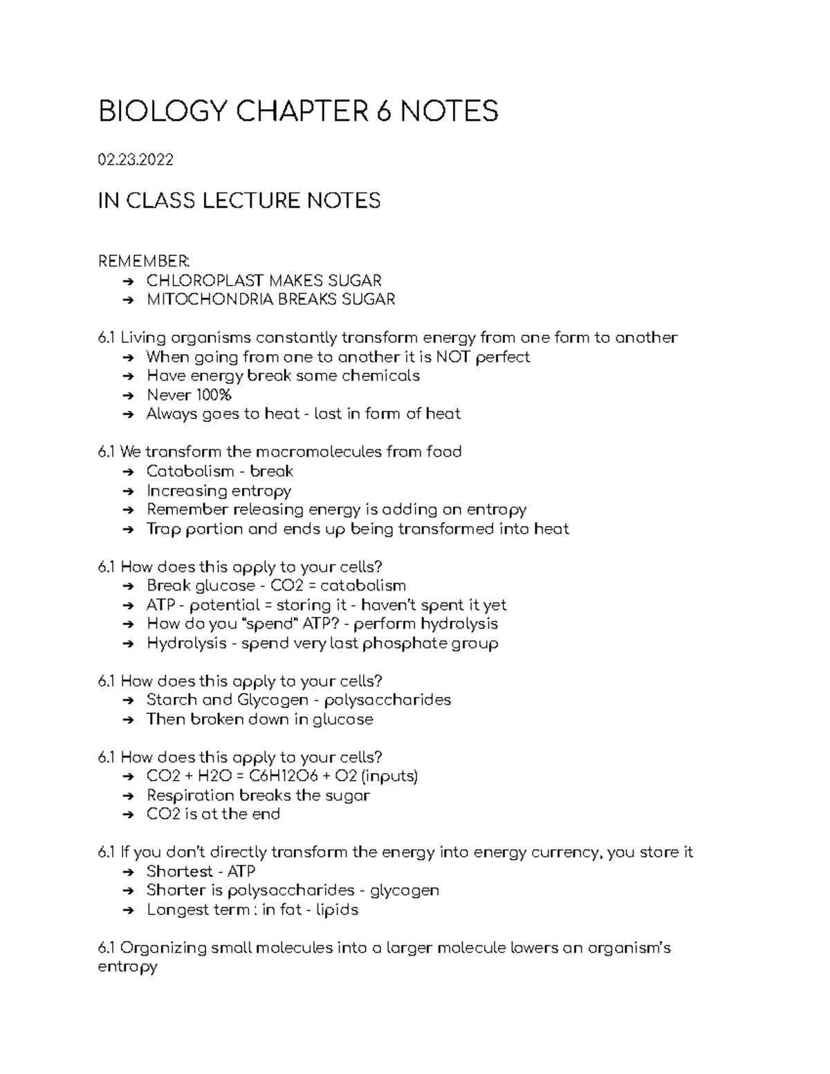 BIO CHAP6 - notes - BIOLOGY CHAPTER 6 NOTES 02. IN CLASS LECTURE NOTES ...