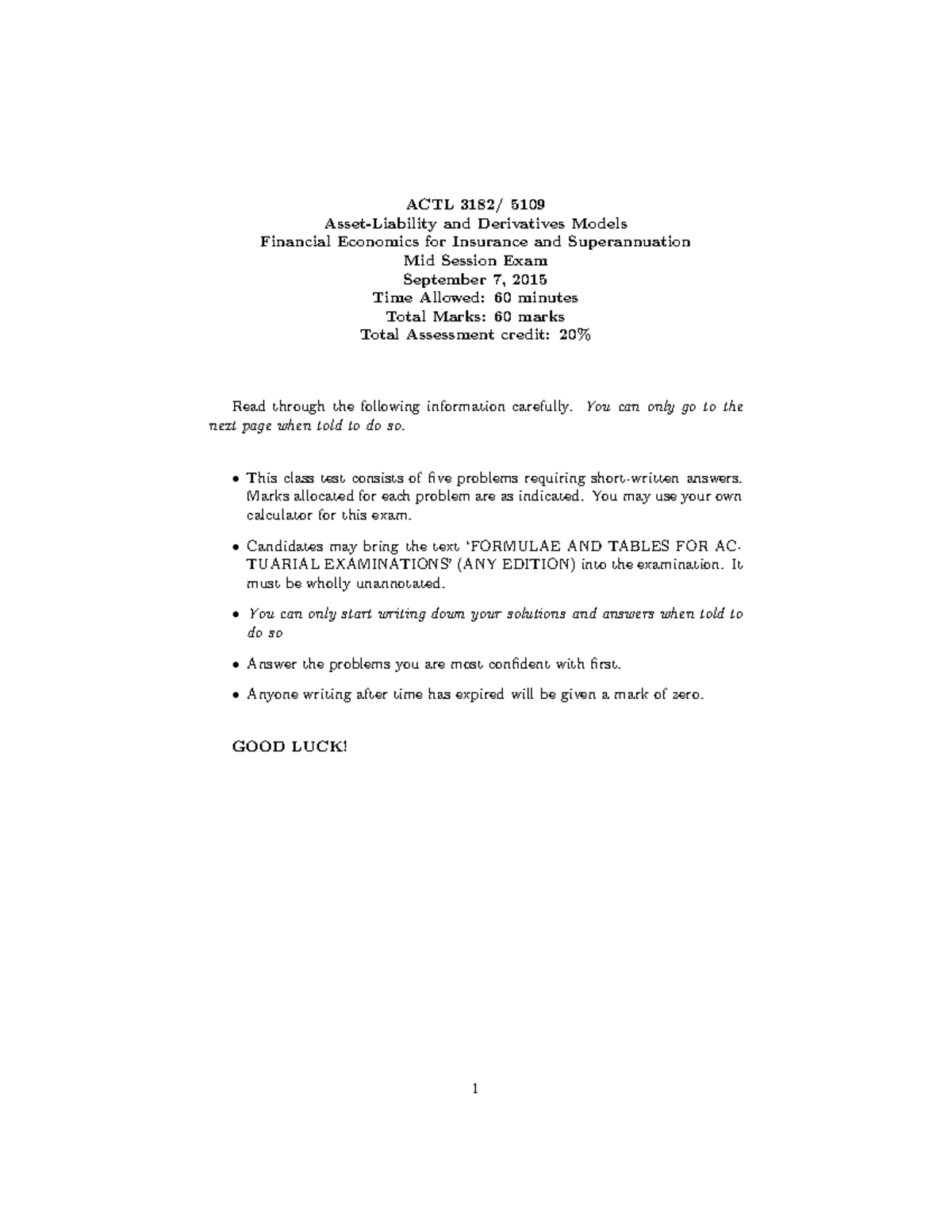 2015 MIDSEM exam paper - ACTL3182 - UNSW Sydney - Studocu