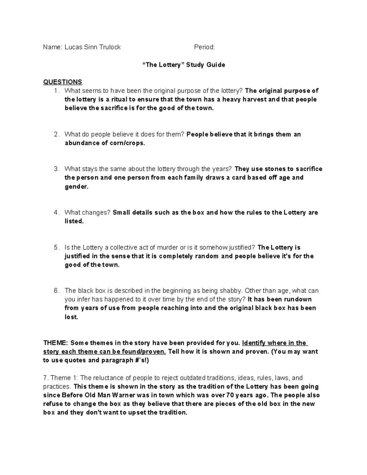 Copy of The Lottery Study Guide 2024 - Name: Lucas Sinn Trulock Period ...
