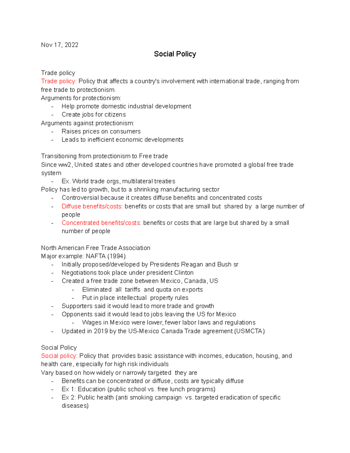 Social Policy - These are the notes I took at my government class ...