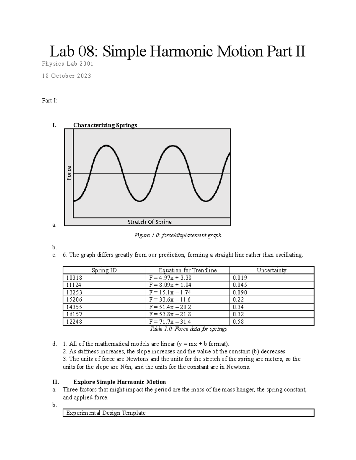 Simple Harmonic Motion Part II - Characterizing Springs a. Figure 1 ...