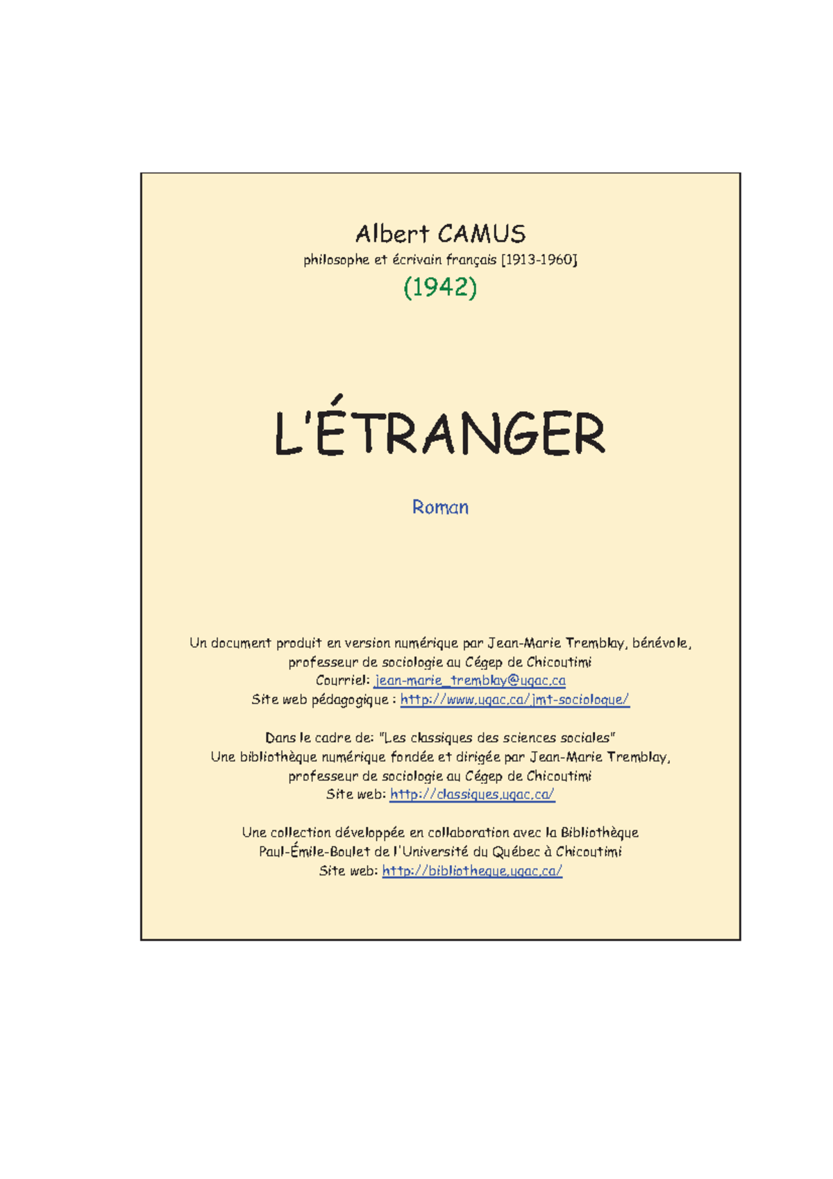 Camus-Letranger - French camus - Albert CAMUS philosophe et écrivain ...