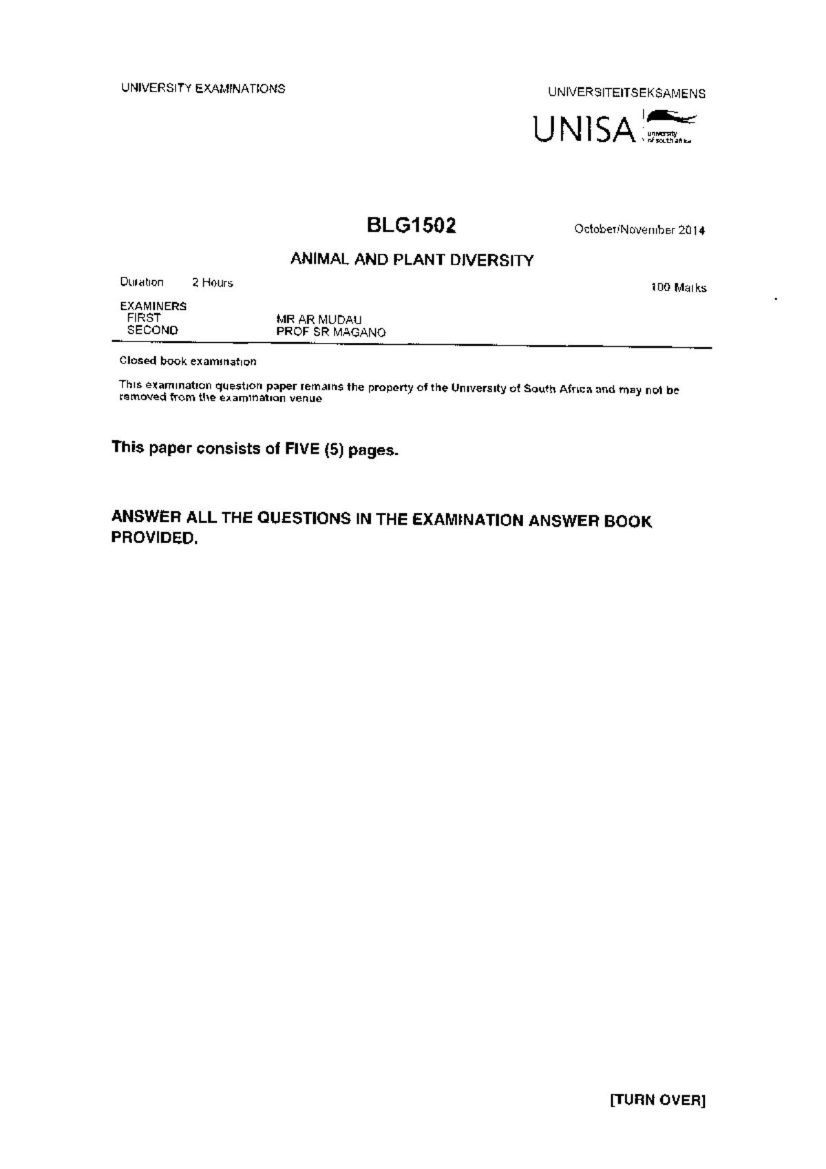 BLG1502 2014 10 E 1 - This is a past question paper which ideally ...