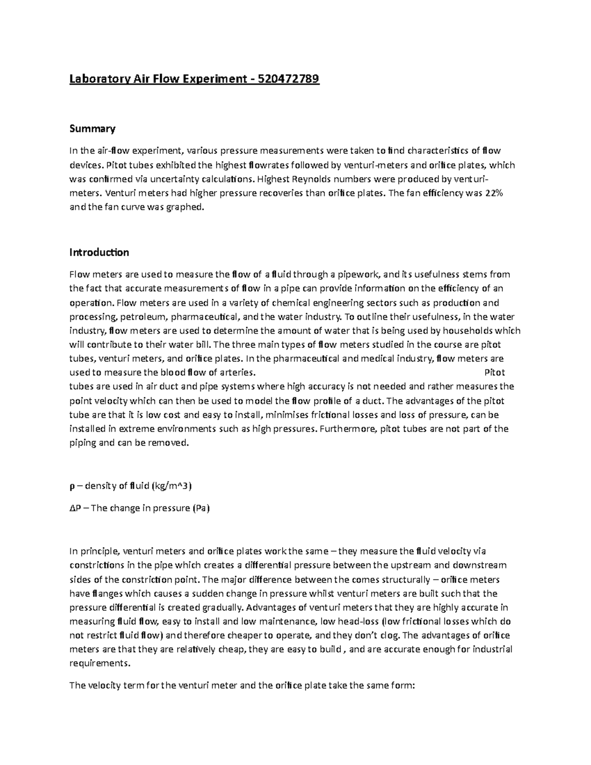 Laboratory Air Flow Experiment - Pitot tubes exhibited the highest ...