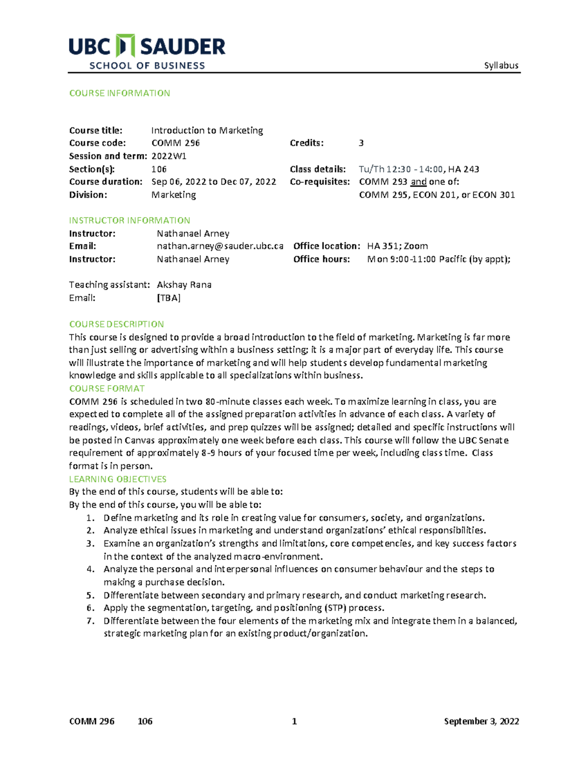 COMM 296 Sec 106 Arney - Course Outline - September 2022 - COURSE ...