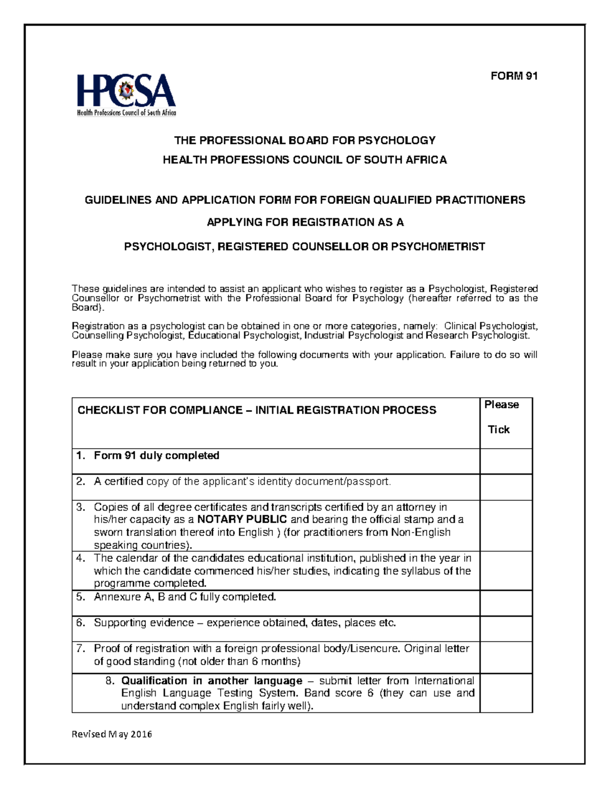 FORM 91 - Memo - FORM 91 THE PROFESSIONAL BOARD FOR PSYCHOLOGY HEALTH ...