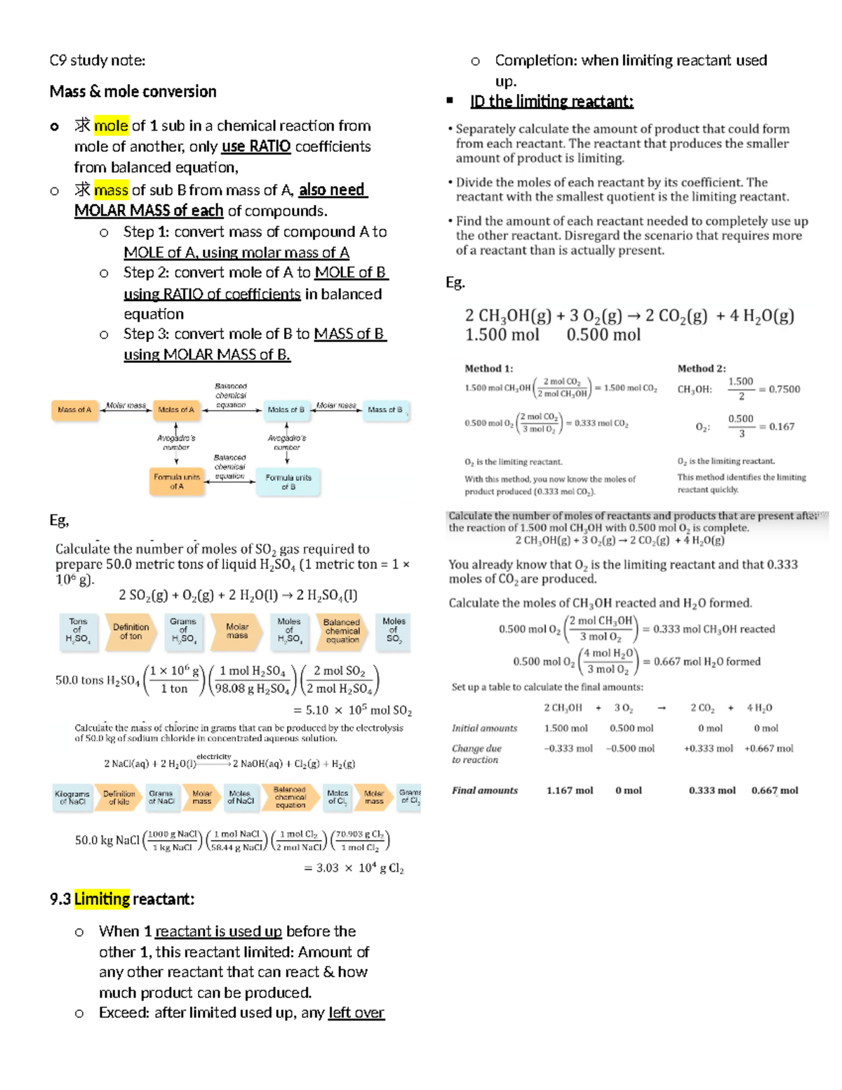 C9 study note - Summary Gen Chemistry I - C9 study note: Mass & mole ...