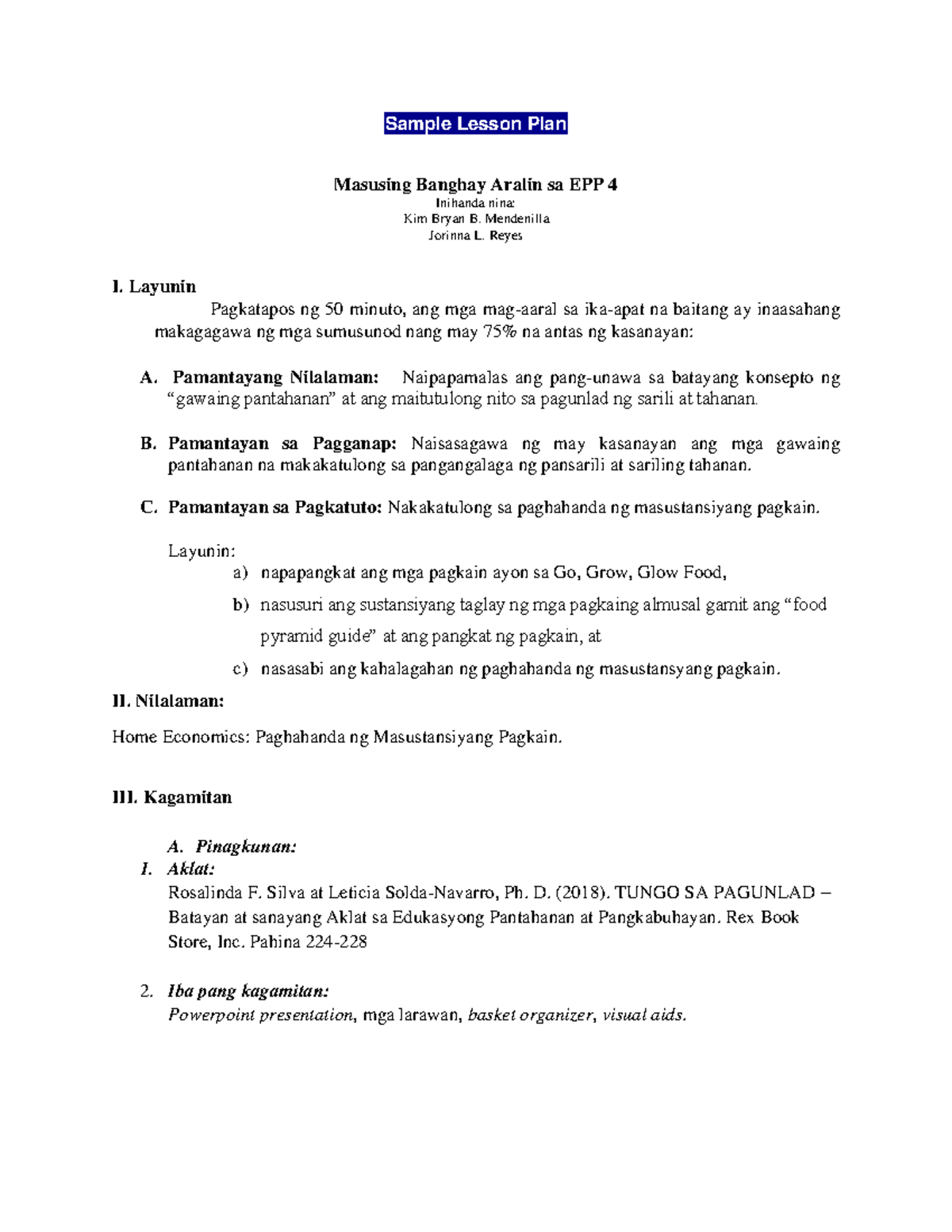 Sample Lesson Plan Sample Lesson Plan Masusing Banghay Aralin Sa EPP