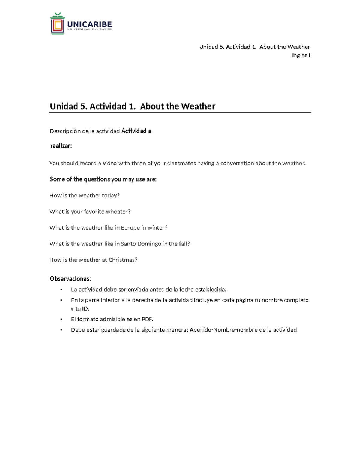 Unidad 5. Actividad 1. About the Weather - Unidad 5. Actividad 1. About ...