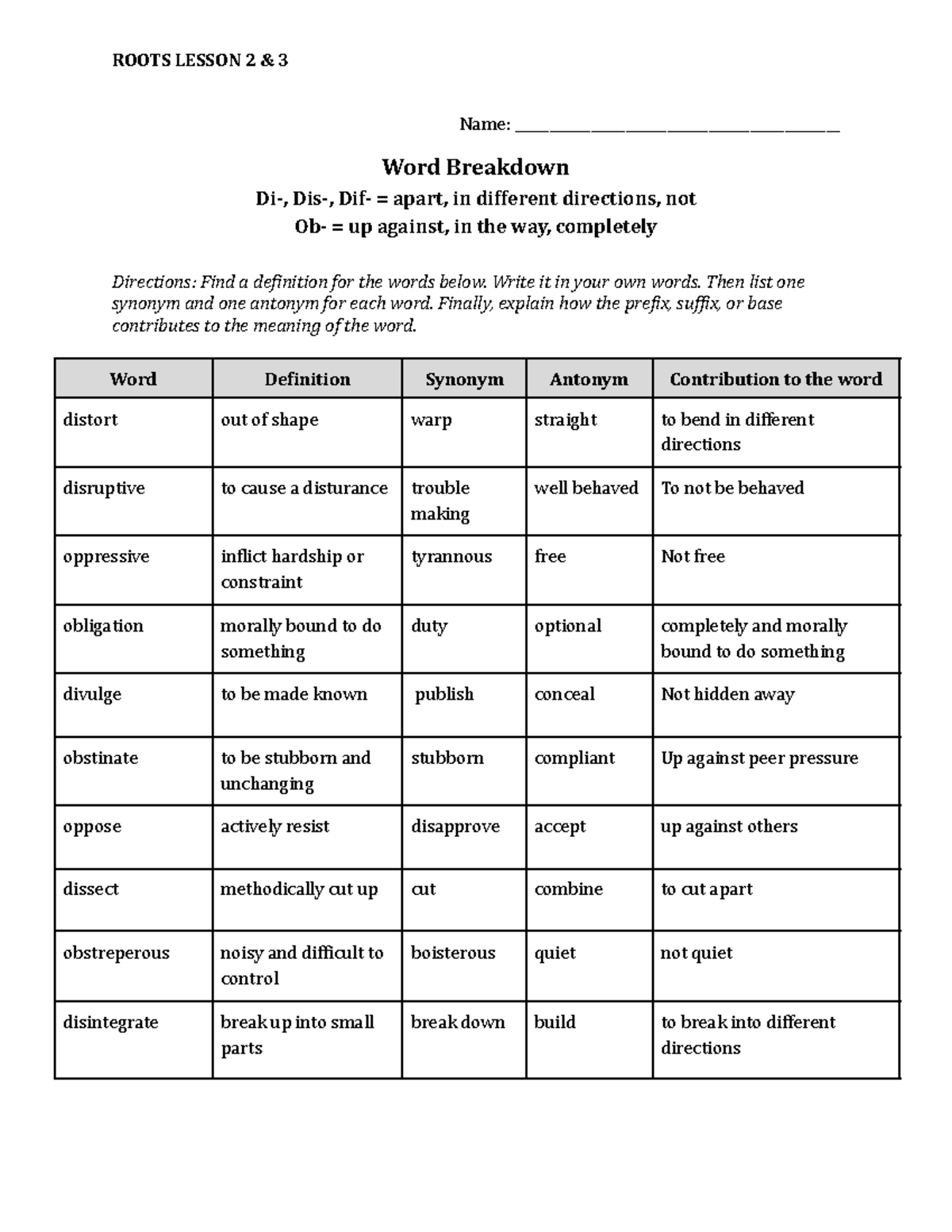 Copy of Lesson 2 & 3 di, dis, dif & ob - ROOTS LESSON 2 & 3 Name: - Studocu