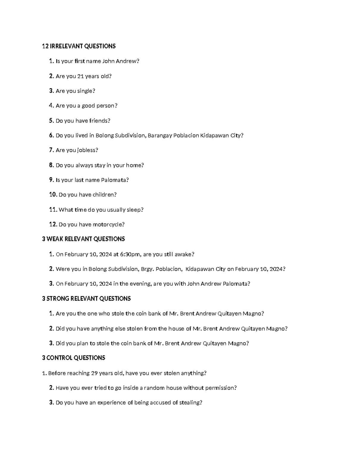 Irrelevant QUES WPS Office 1 2 - 12 IRRELEVANT QUESTIONS Is your first ...