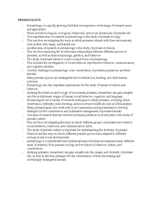 Primatology Notes 1 - Study of living prosimians, monkeys, and apes ...