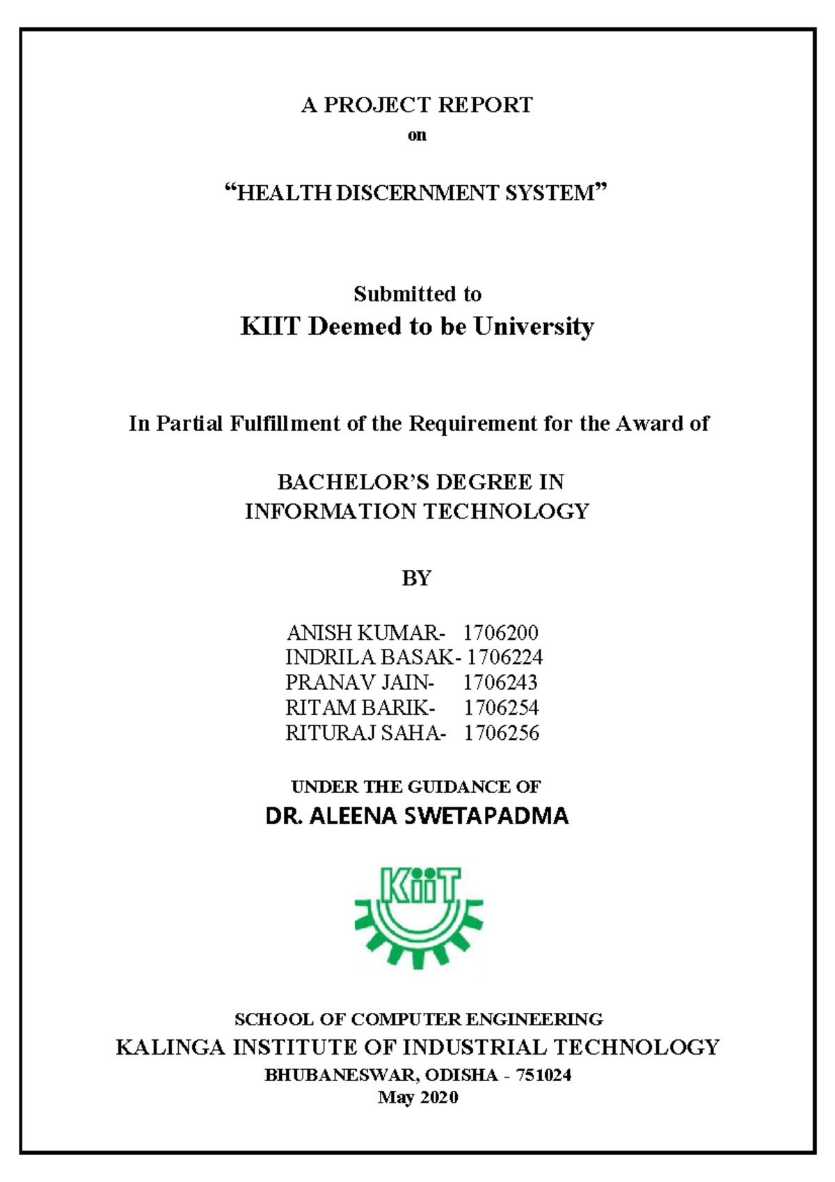 Project Report - A PROJECT REPORT on “HEALTH DISCERNMENT SYSTEM ...