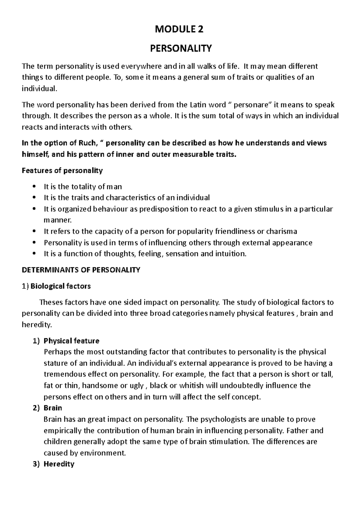 OB Module 2 Personality - MODULE 2 PERSONALITY The term personality is ...