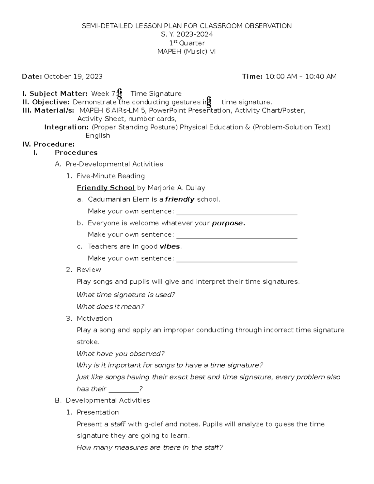 COT1 Lesson PLAN - SEMI-DETAILED LESSON PLAN FOR CLASSROOM OBSERVATION ...