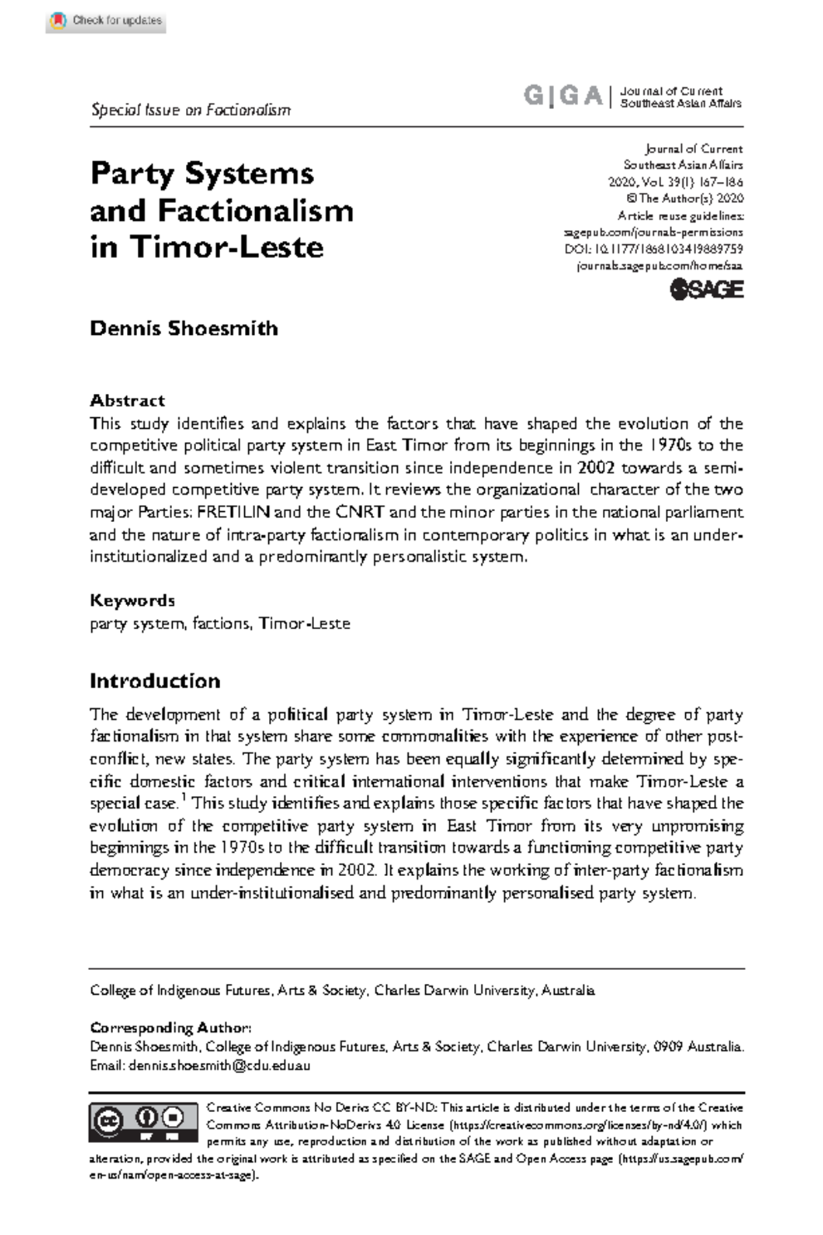 Timor Leste Party System AND Factionalism - Special Issue on ...